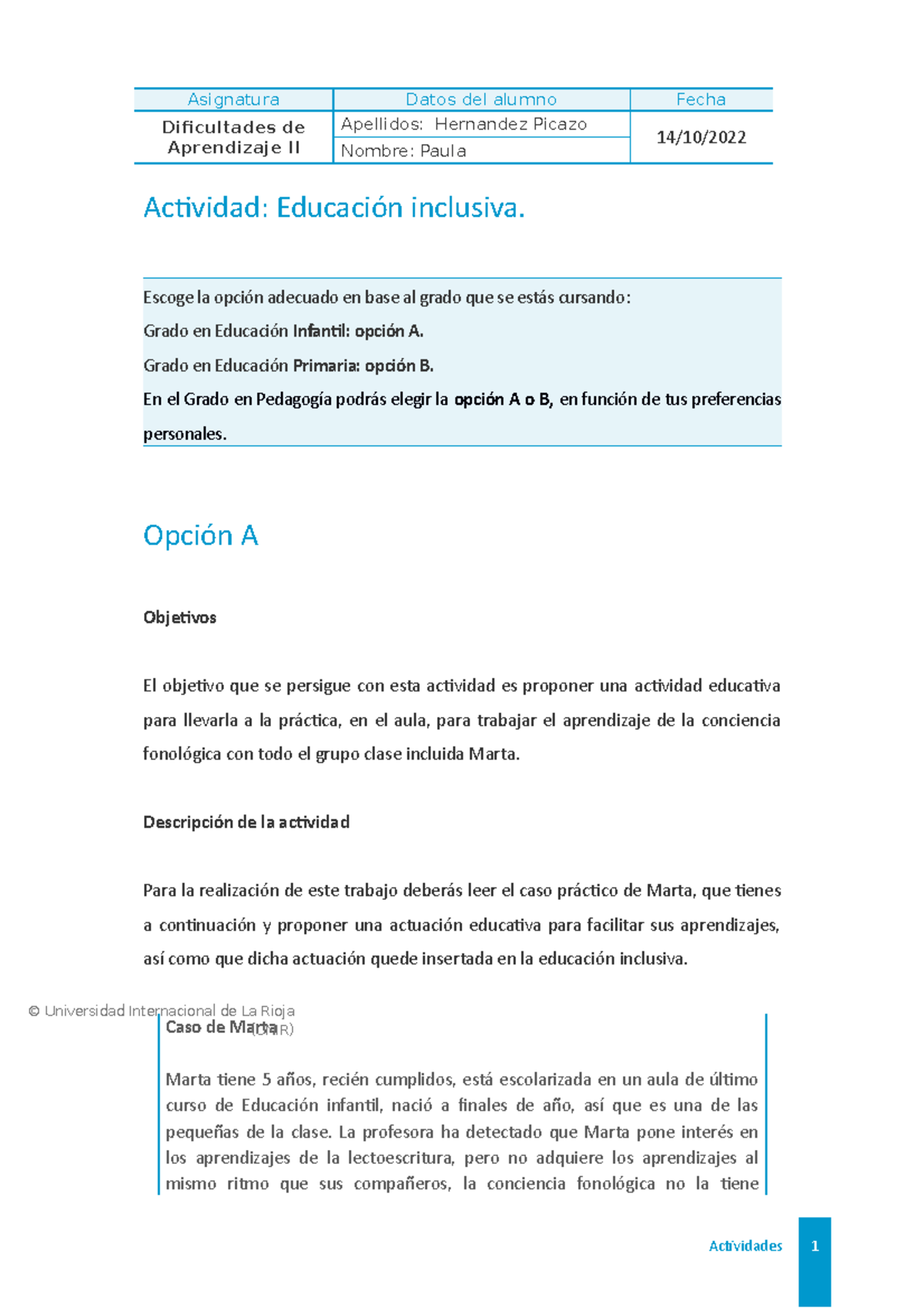 Caso practico Marta - Dificultades de Aprendizaje II Apellidos ...