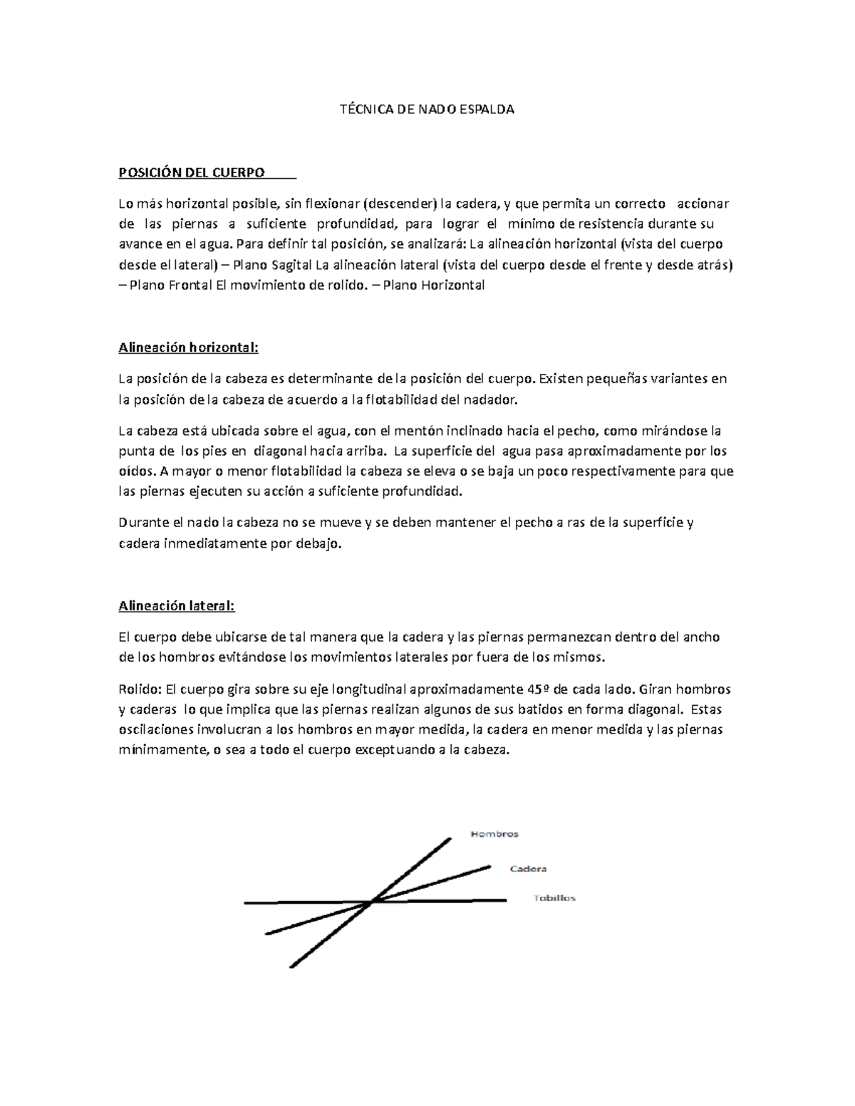 Resumen natacion 1 parcial - TÉCNICA DE NADO ESPALDA POSICIÓN DEL ...