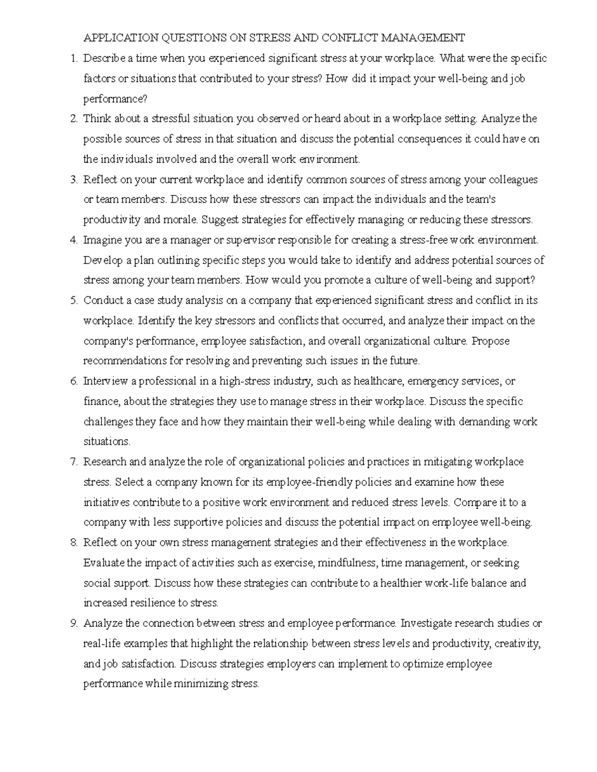 Application Questions ON Stress AND Conflict Management - Human ...