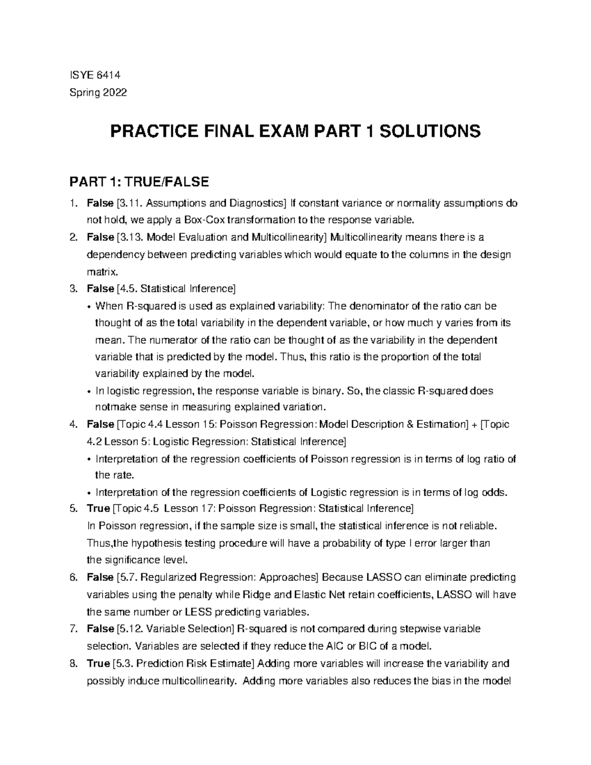 6414 SP2022 Practice Final Part1 Solutions - ISYE 6414 Spring 2022 PRACTICE FINAL EXAM PART 1 ...