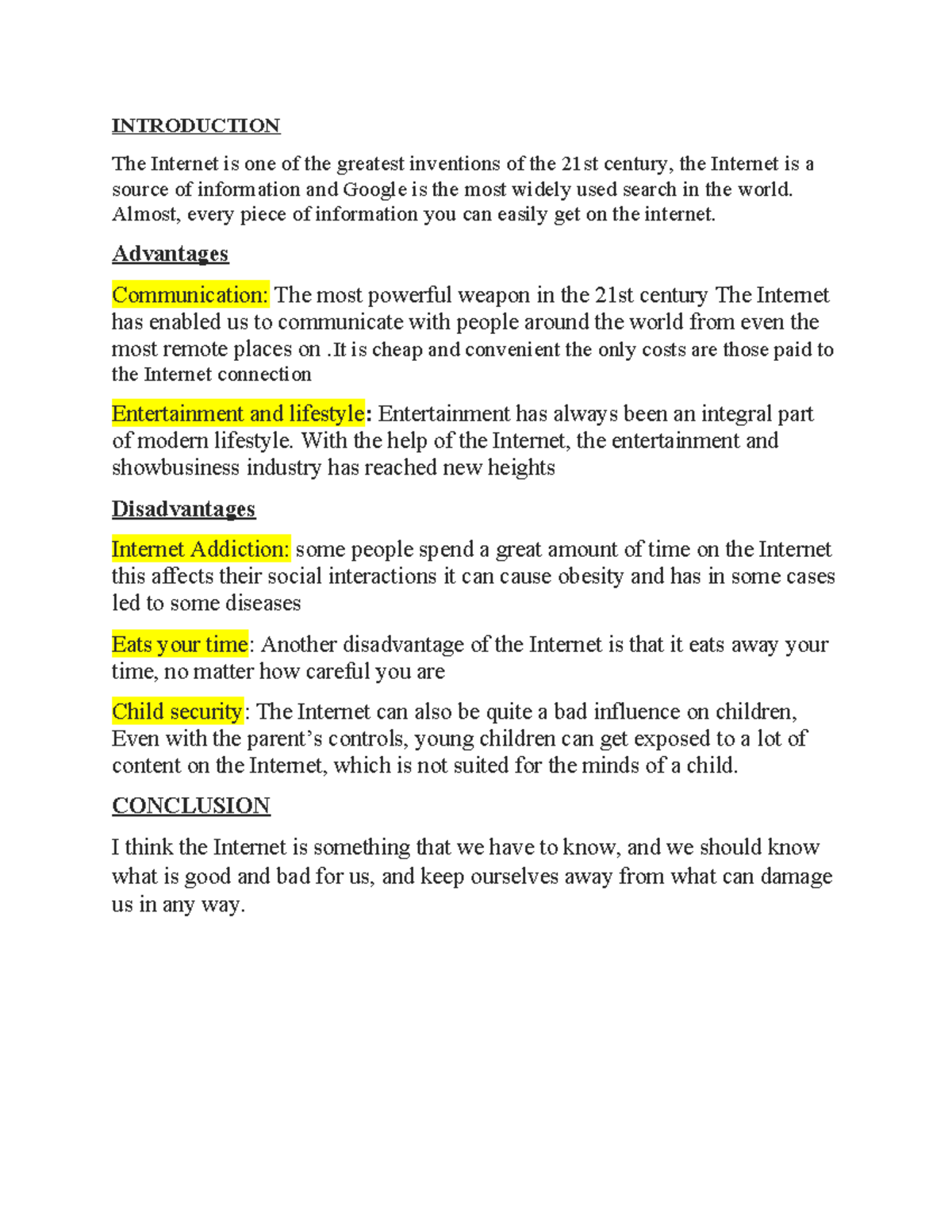 Advantage- Dis of Internet - INTRODUCTION The Internet is one of the ...