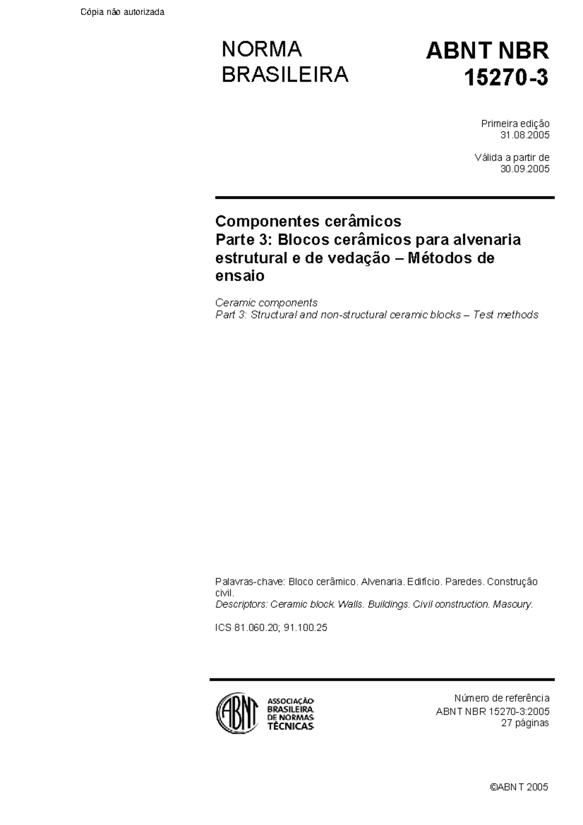NBR 15270-3 blocos ceramicos para alv. estrut. e de vedação - ©ABNT ...
