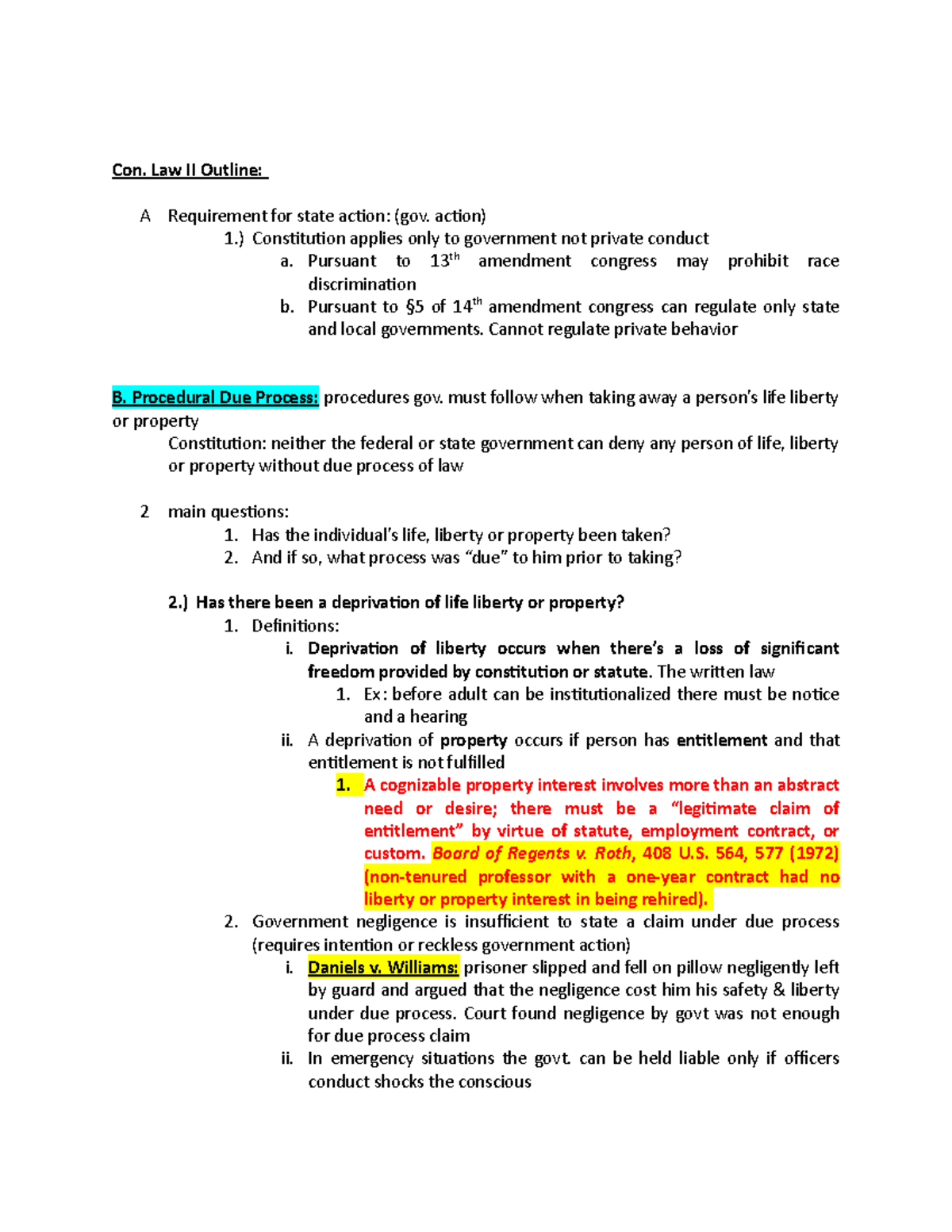 Con Law outline - Con. Law II Outline: A Requirement for state action ...