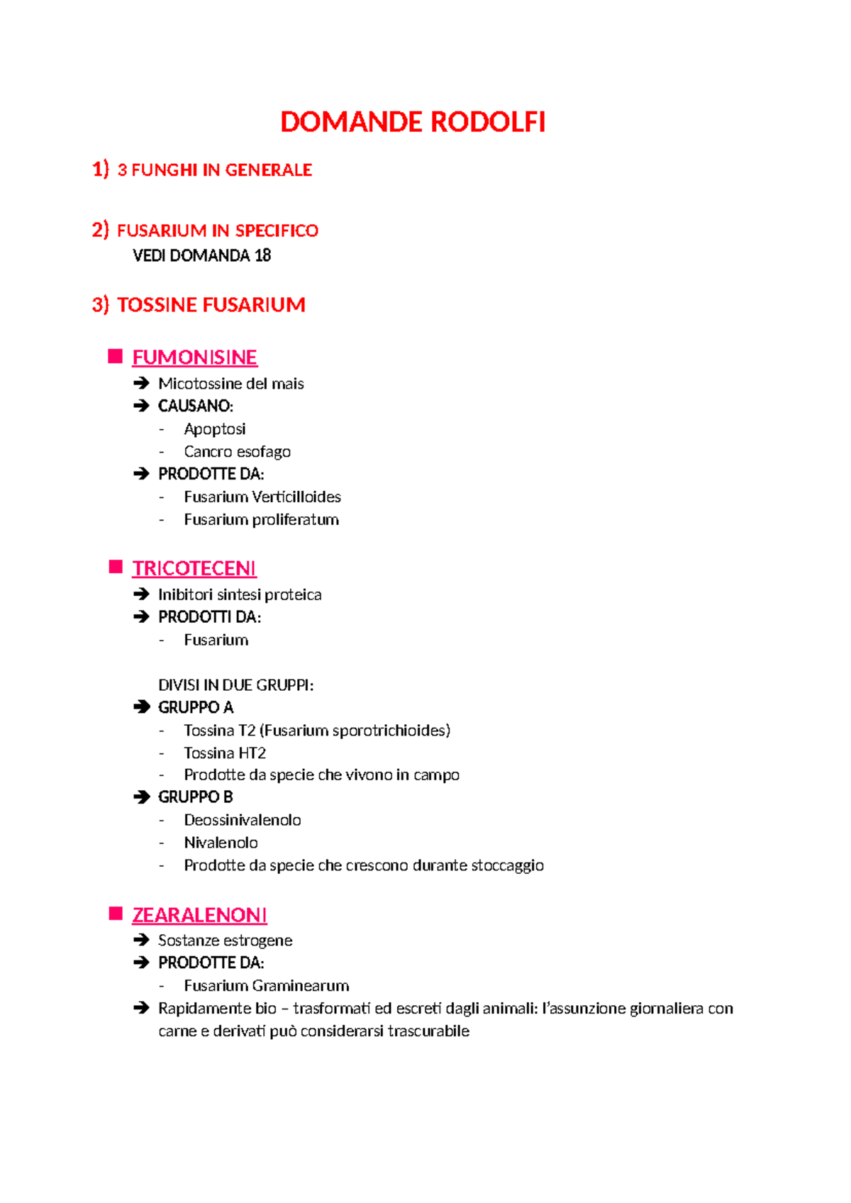 Domande Rodolfi - DOMANDE RODOLFI 1) 3 FUNGHI IN GENERALE 2) FUSARIUM ...