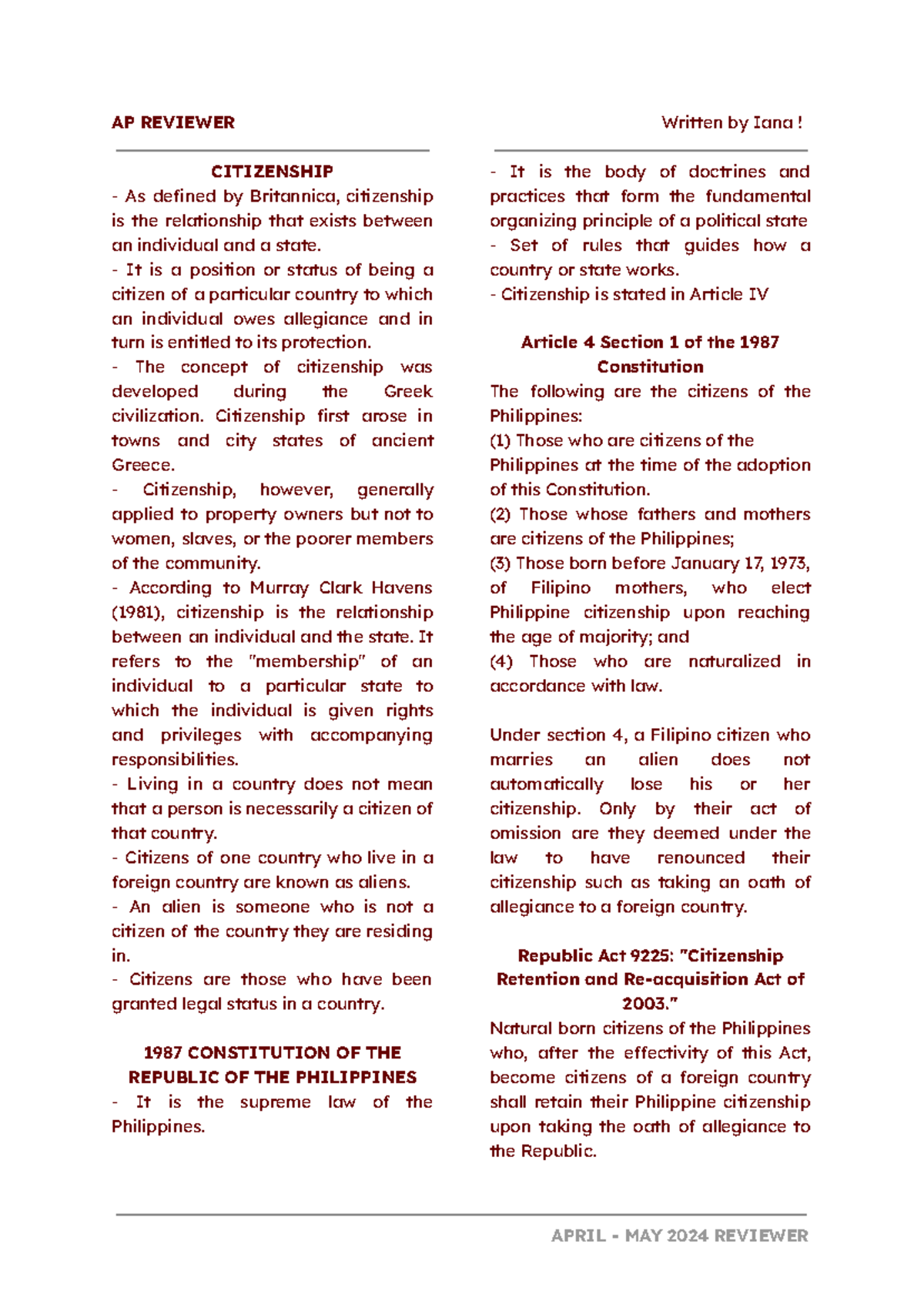 Q4 AP 10 Reviewer - AP notes for Grade 10 4th Quarter - AP REVIEWER ...