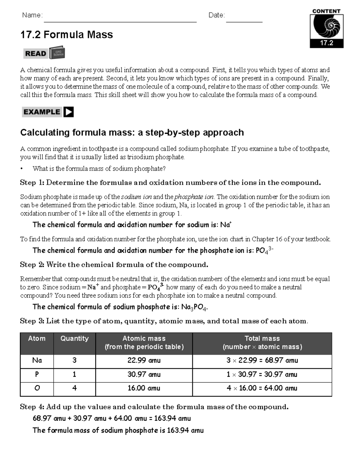 17-2 Formula Mass Compressed - Name: Date: 17. 17 Formula Mass A ...