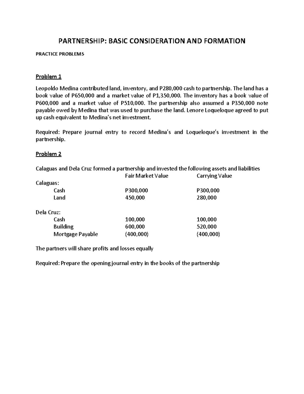 Sample Problem for Partnership and Corporation - PARTNERSHIP: BASIC ...