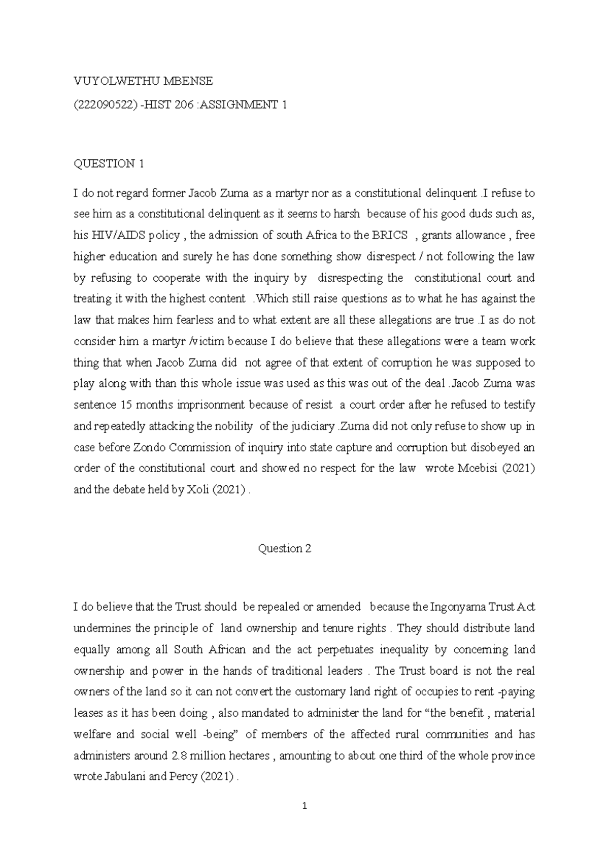 HIST 206 - Assignment ONE - VUYOLWETHU MBENSE (222090522) -HIST 206 :ASSIGNMENT 1 QUESTION 1 I ...