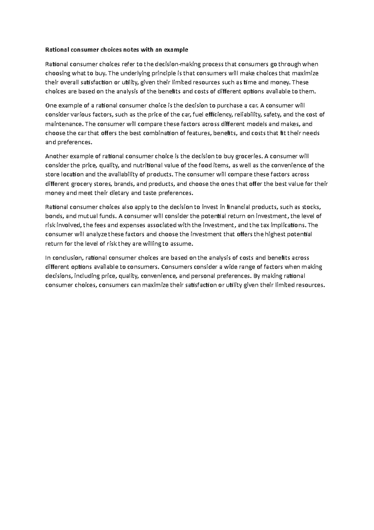 Rational consumer choices notes with an example - The underlying ...