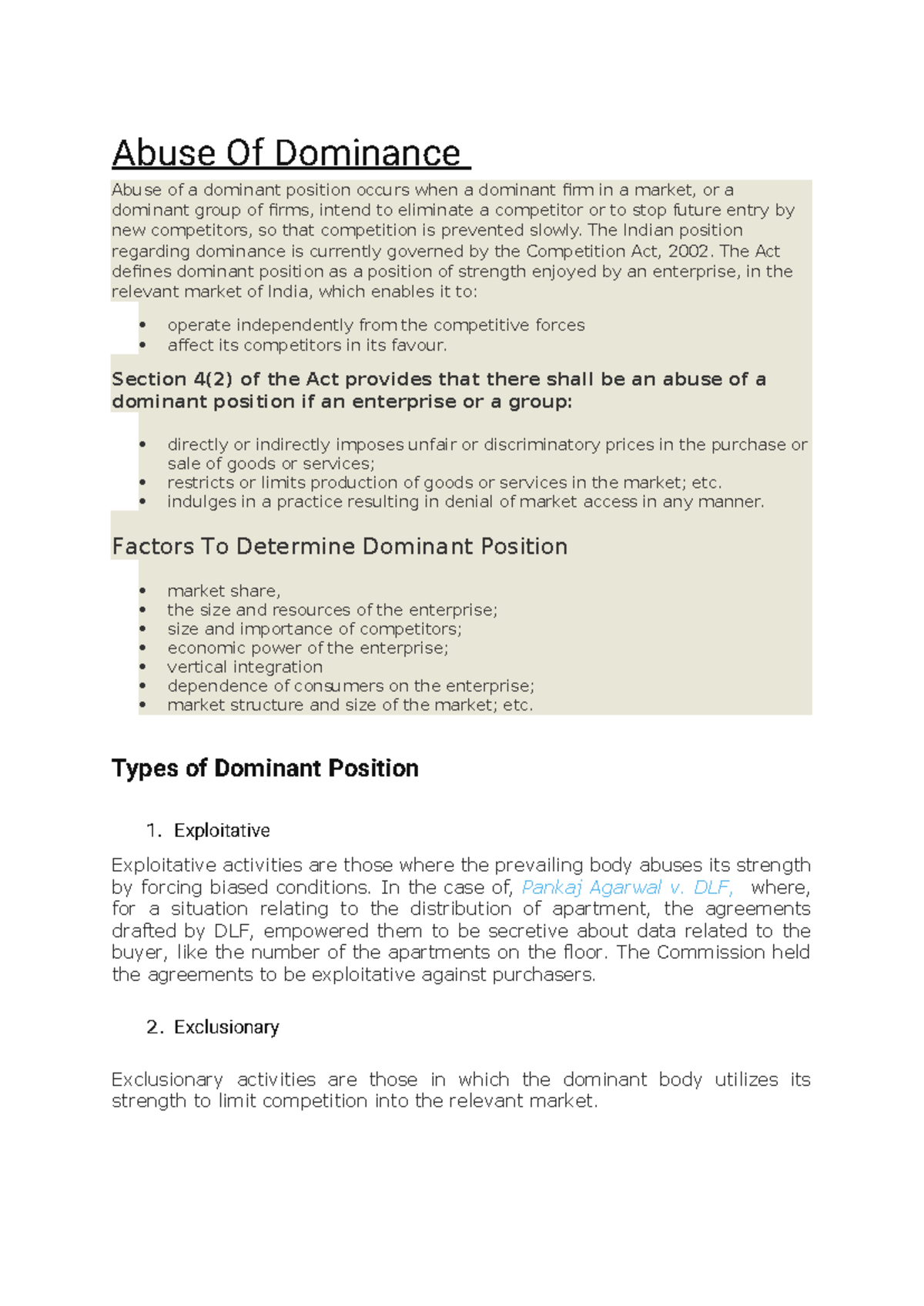 Abuse Of Dominance - Competition law - Abuse Of Dominance Abuse of a ...