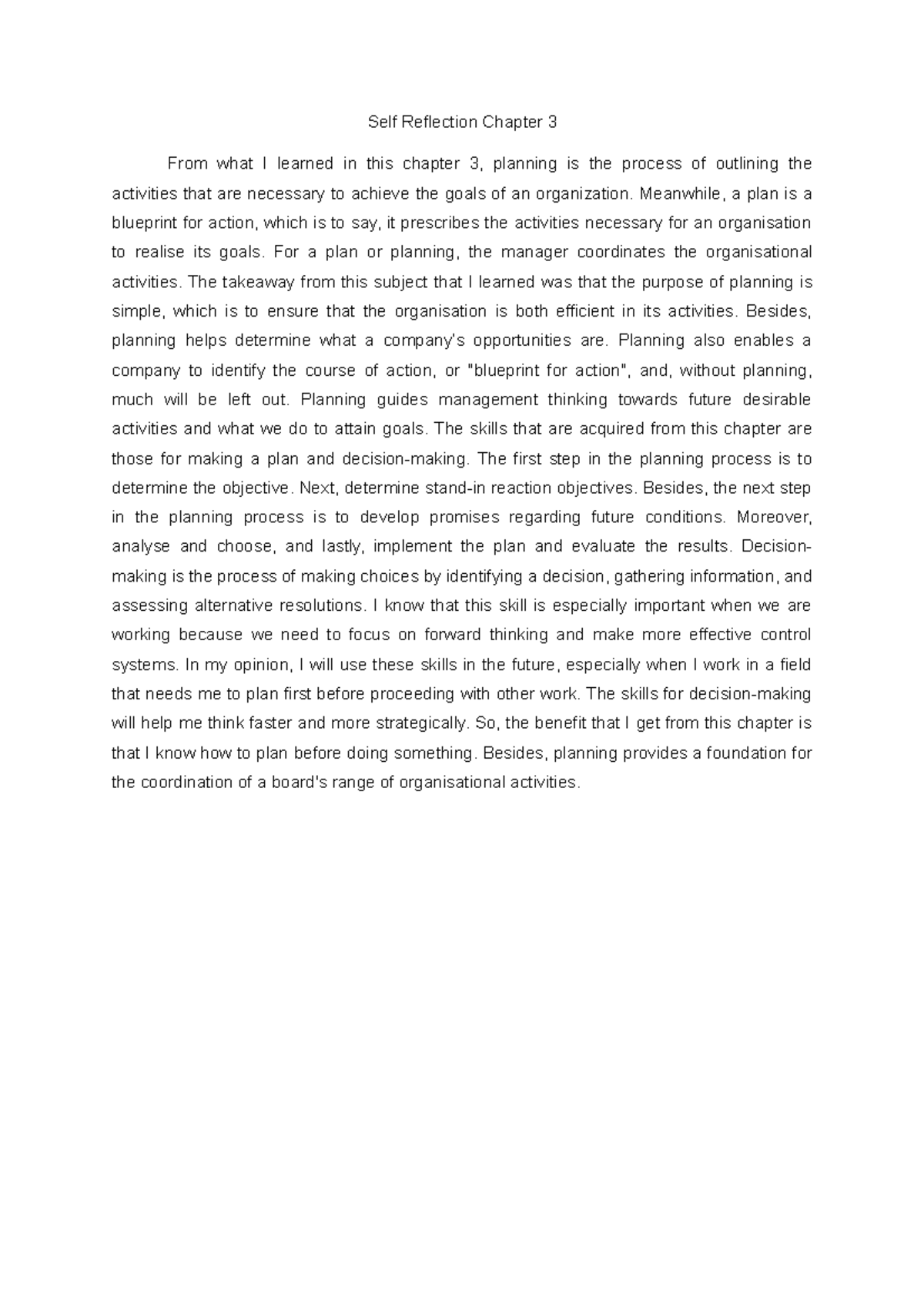 Self Reflection Chapter 3 - Meanwhile, a plan is a blueprint for action ...