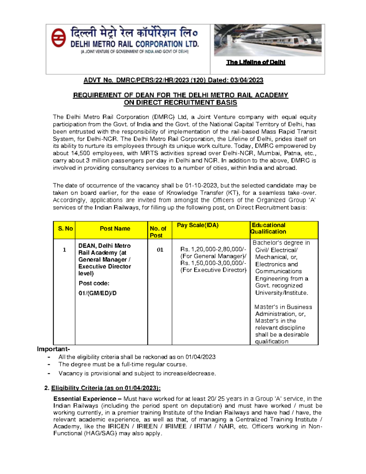 Advertisement for Dean DMRA to upload website - ADVT No. DMRC/PERS/22 ...