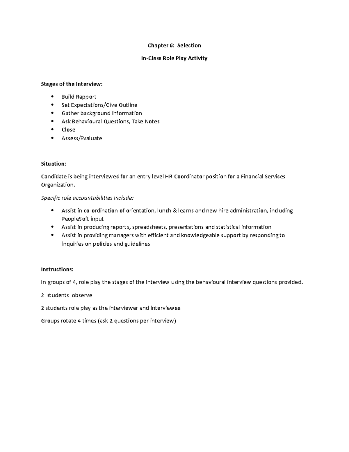 In-Class Role Play Activity - Chapter 6: Selection In-Class Role Play ...