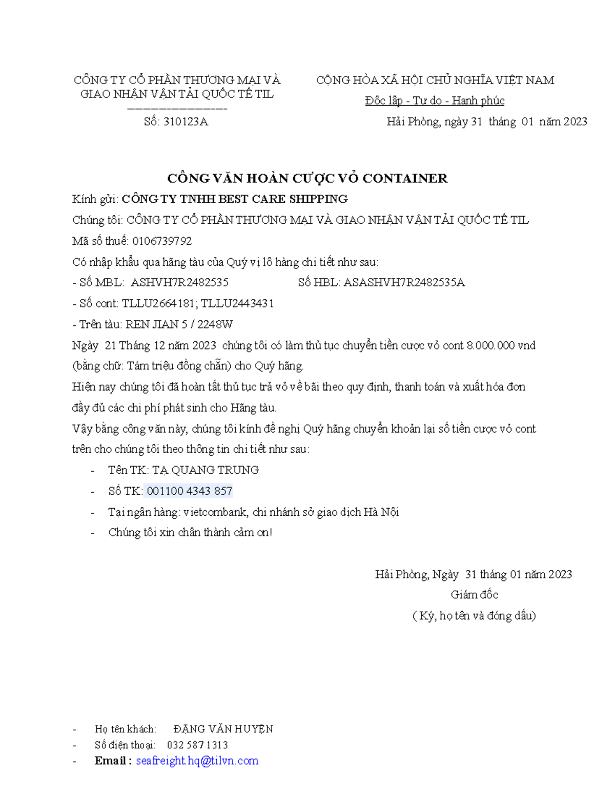 CÔNG VĂN HOÀN CƯỢC EDO - logistics - CÔNG TY CỔ PHẦN THƯƠNG MẠI VÀ GIAO ...