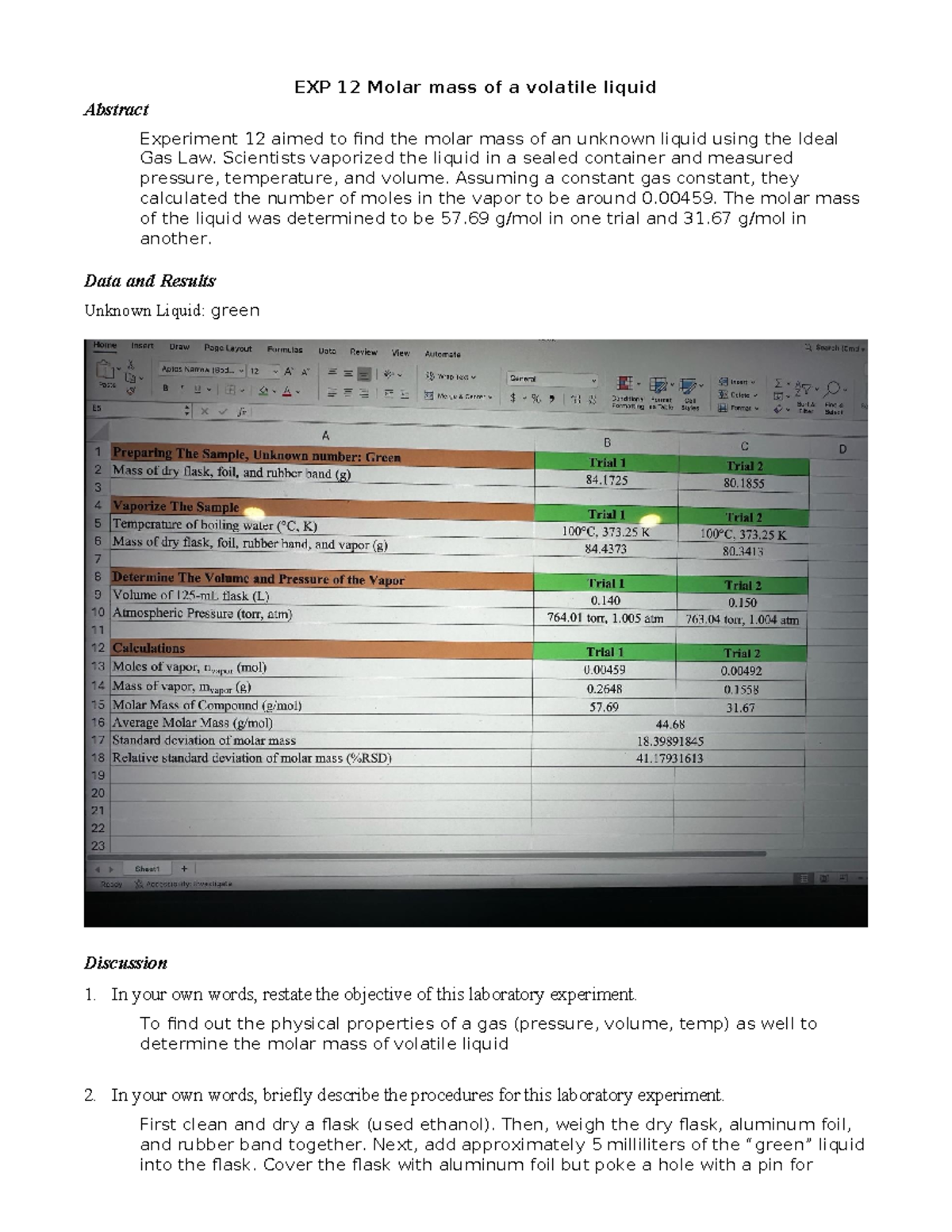 Short Report Form - GCI - Molar Mass of a Volatile Liquid - EXP 12 ...