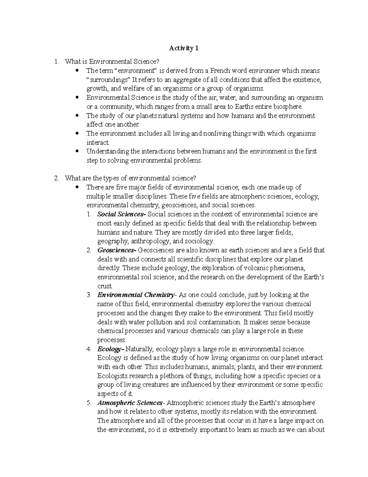 Activity 1 environmental science - Activity 1 What is Environmental ...