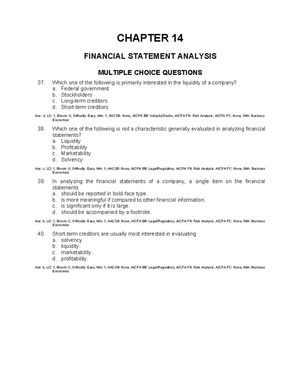 Ch14 - Chapter 14 test ba - CHAPTER 14 FINANCIAL STATEMENT ANALYSIS ...