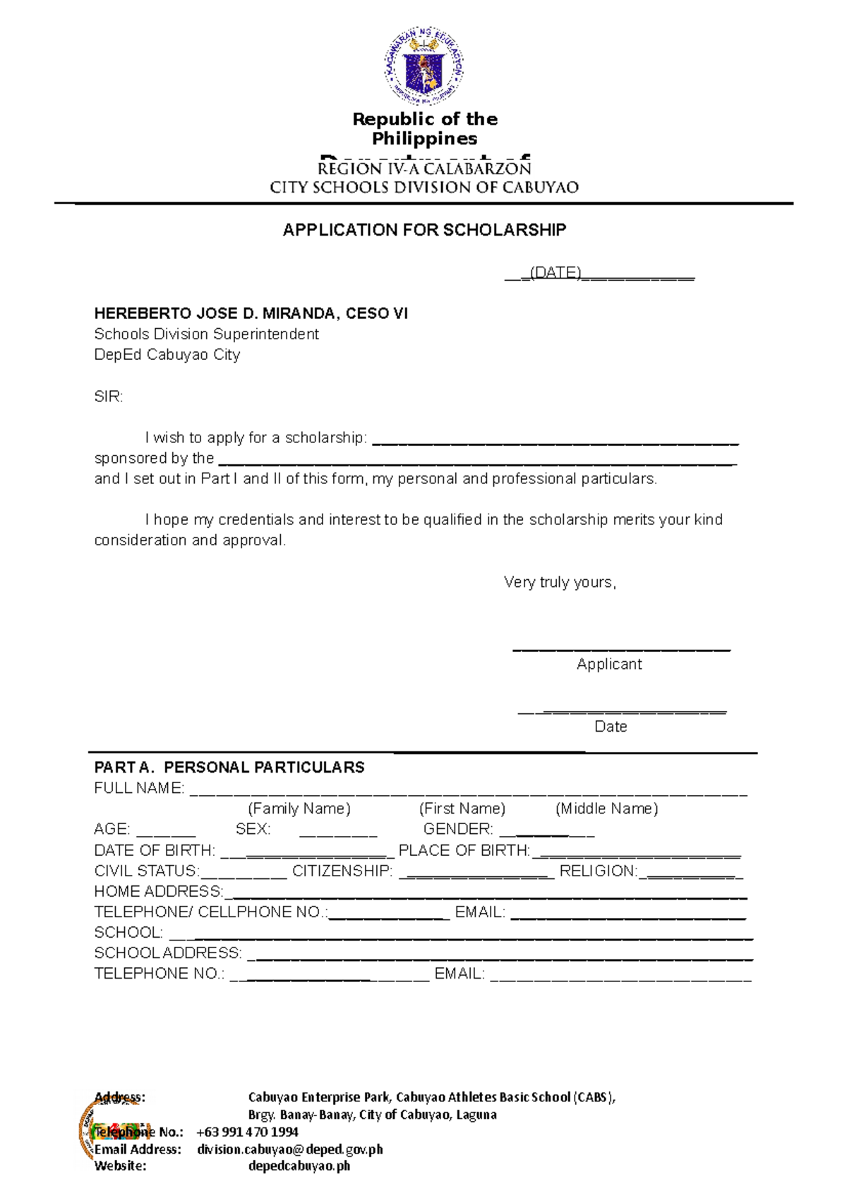 SDO Scholarship Application FORM 1 - APPLICATION FOR SCHOLARSHIP (DATE ...