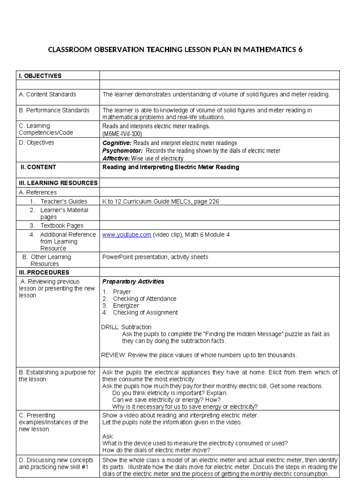 COT DLP Mathematics 6 Q4 - CLASSROOM OBSERVATION TEACHING LESSON PLAN IN MATHEMATICS 6 I ...