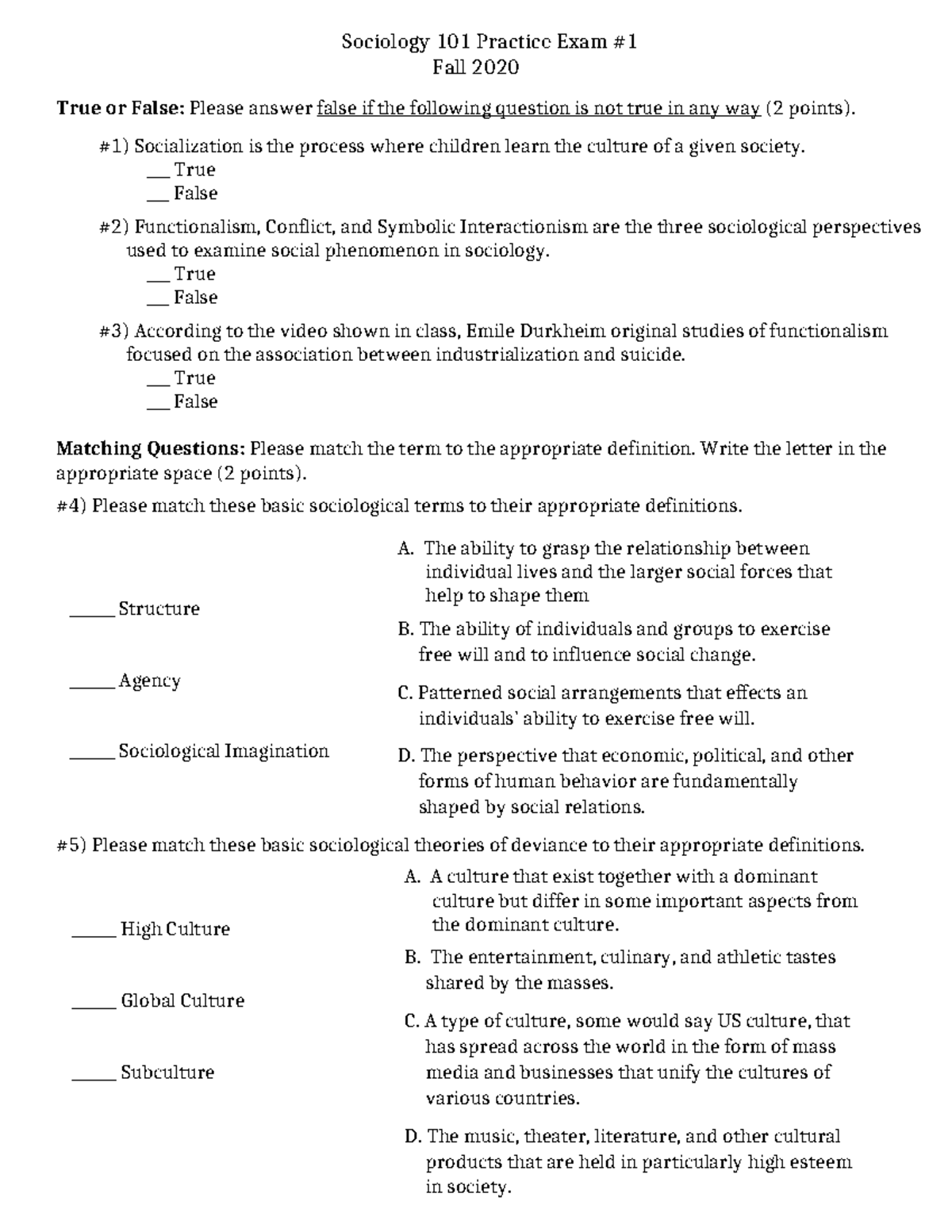 Sociology 101 Practice Exam 1 - Sociology 101 Practice Exam Fall 2020 ...