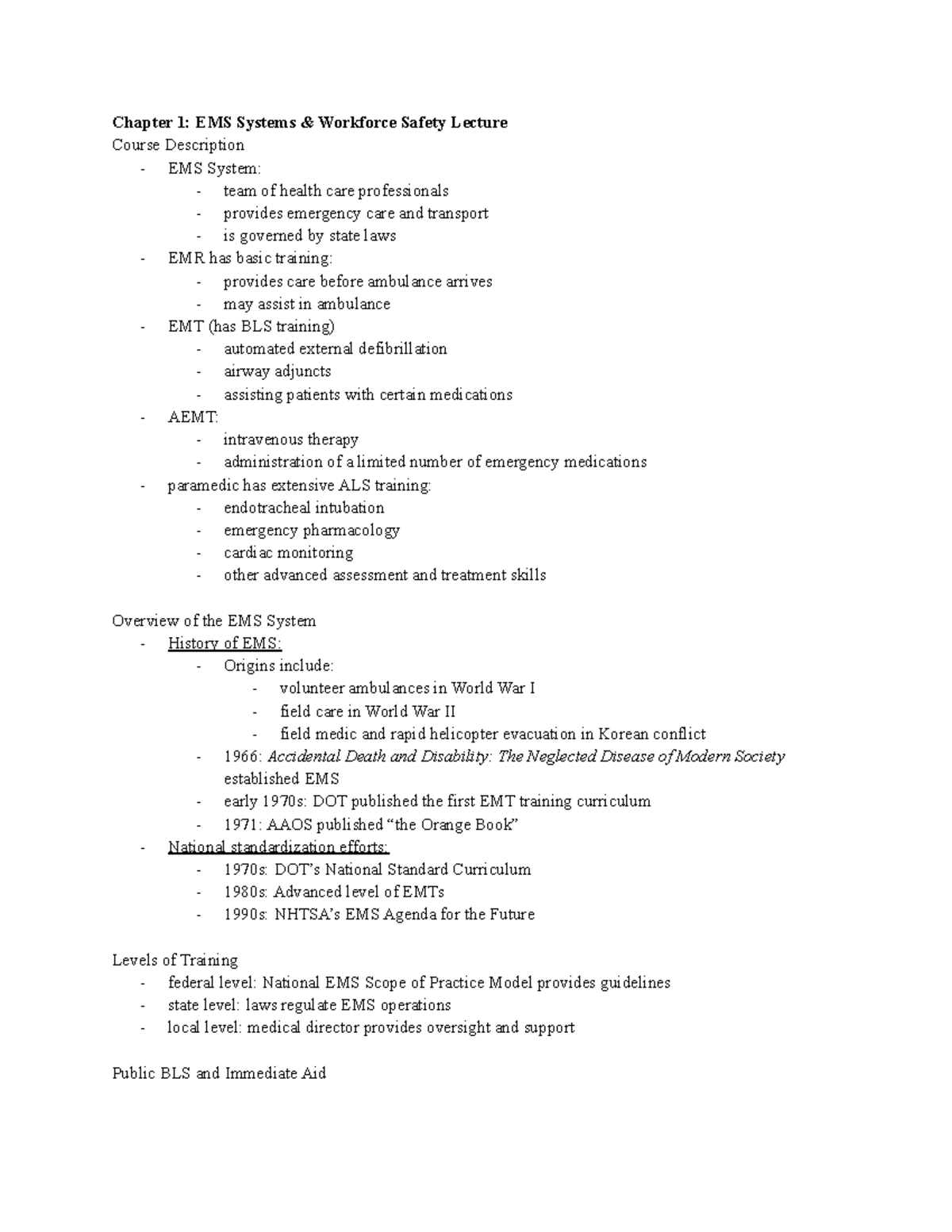 emt lecture notes - Chapter 1: EMS Systems & Workforce Safety Lecture ...