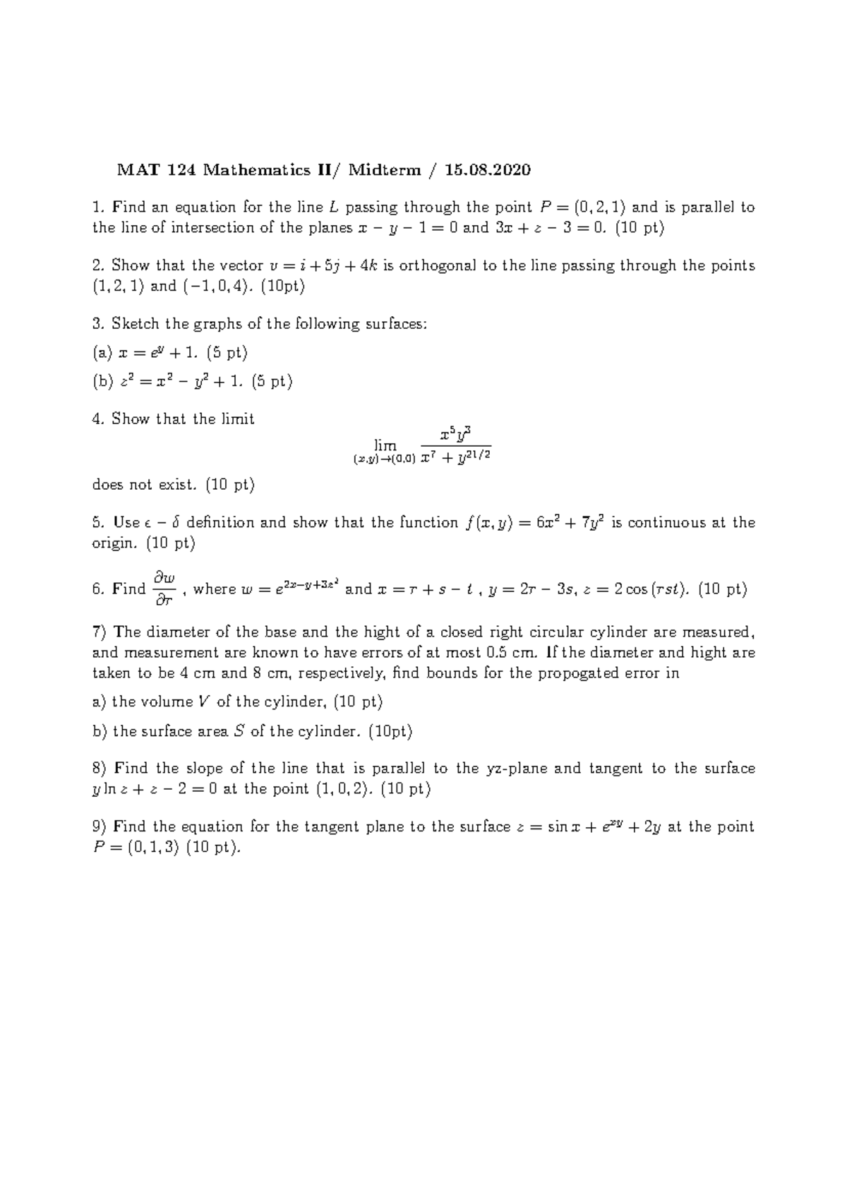 MTK124 summer midterm 2020 - MAT 124 Mathematics II/ Midterm / 15. Find an equation for the line ...
