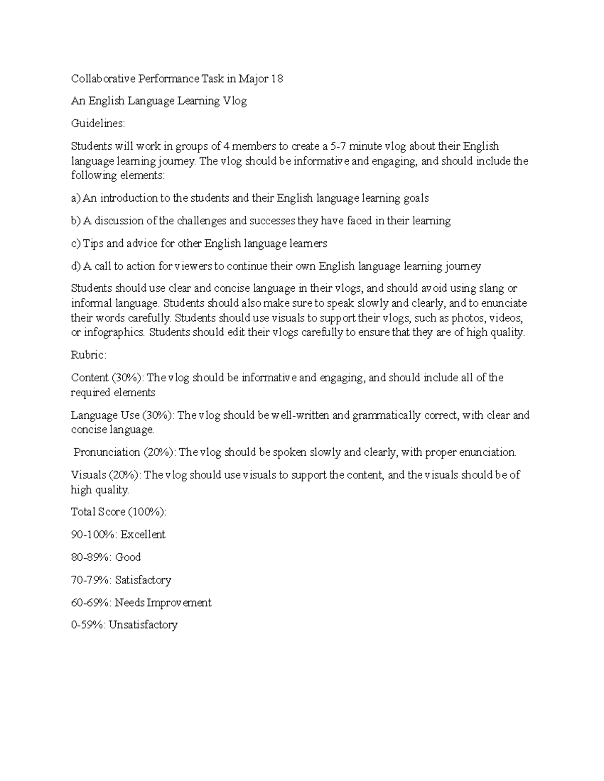 Major 18 Collaborative Performance Task - Collaborative Performance Task in Major 18 An English ...