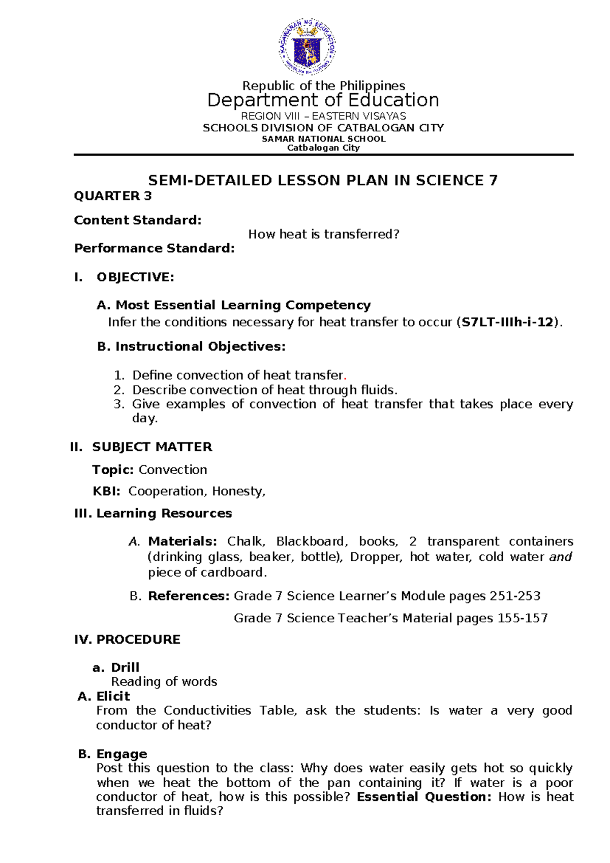 SEMI Detailed Lesson PLAN IN Convection - Republic of the Philippines ...
