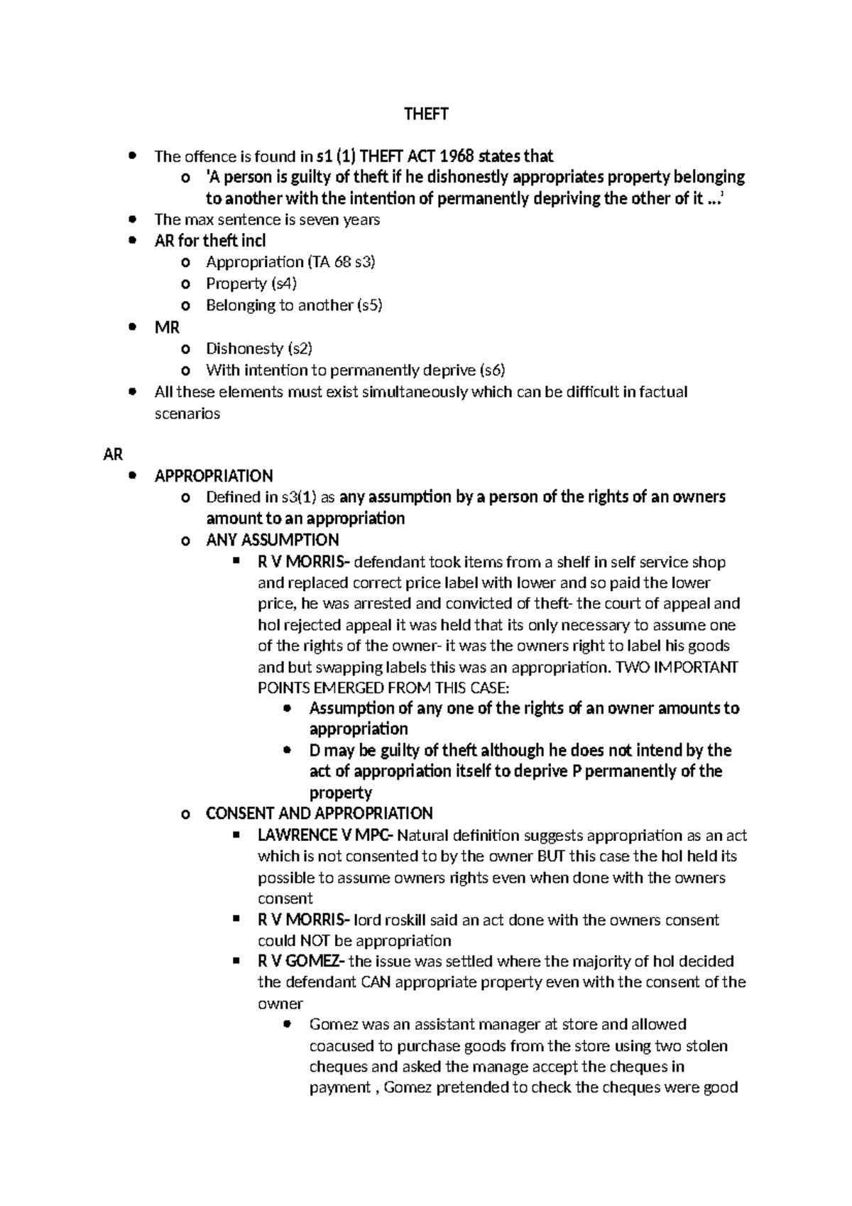 Theft - THEFT The offence is found in s1 (1) THEFT ACT 1968 states that ...
