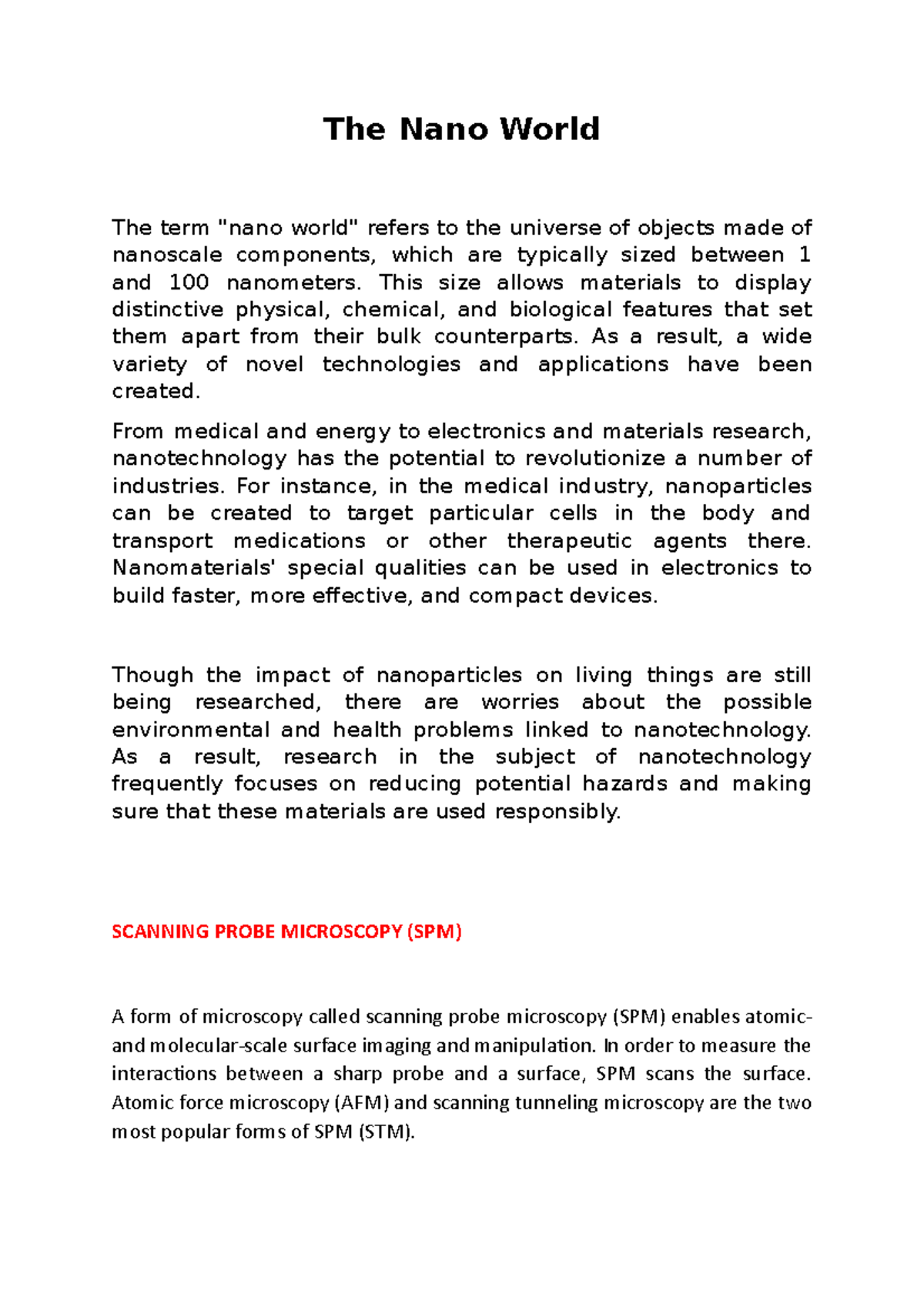 The Nano World - NOTES - The Nano World The term "nano world" refers to ...