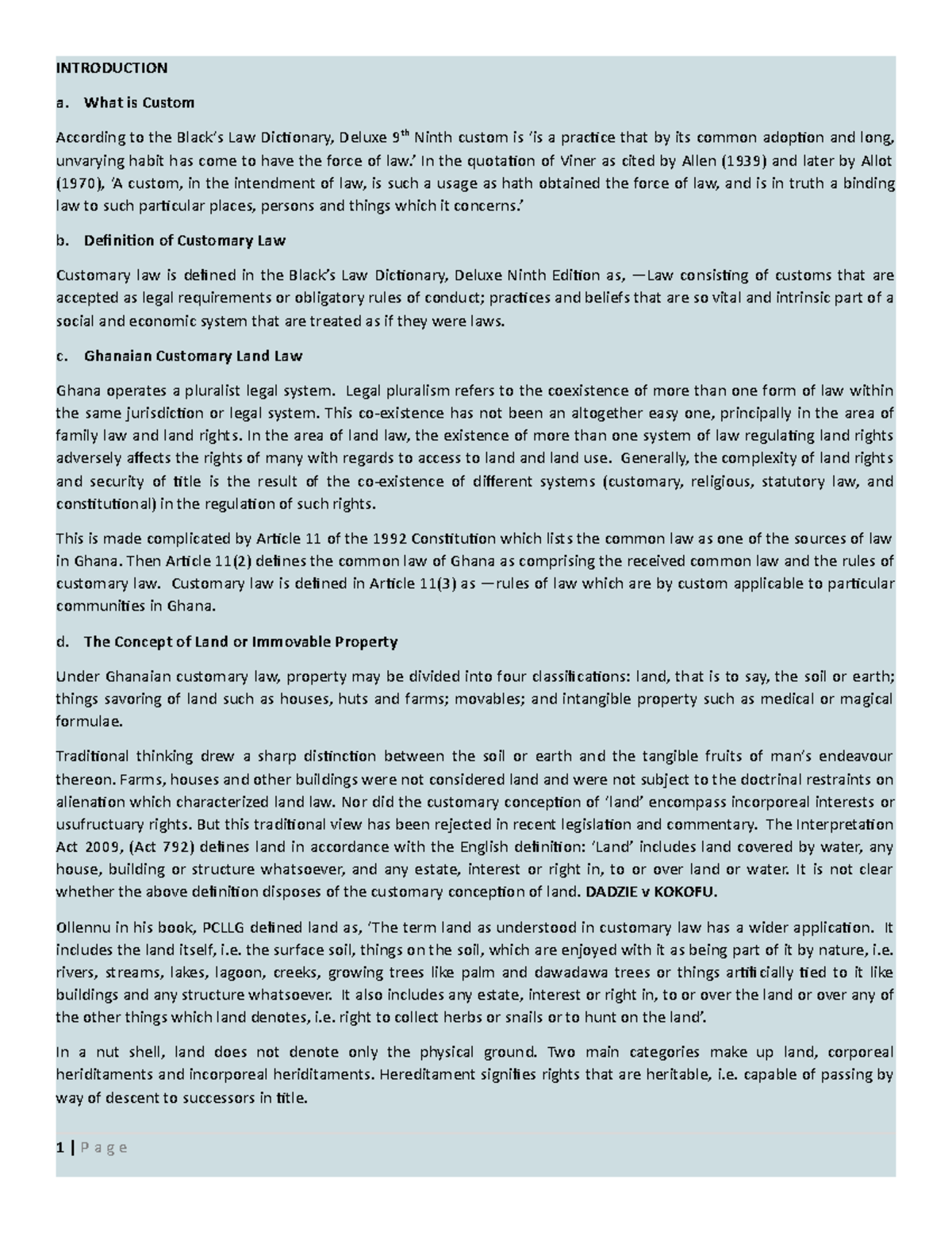 IMP LAND LAW - good document - ####### INTRODUCTION a. What is Custom ...