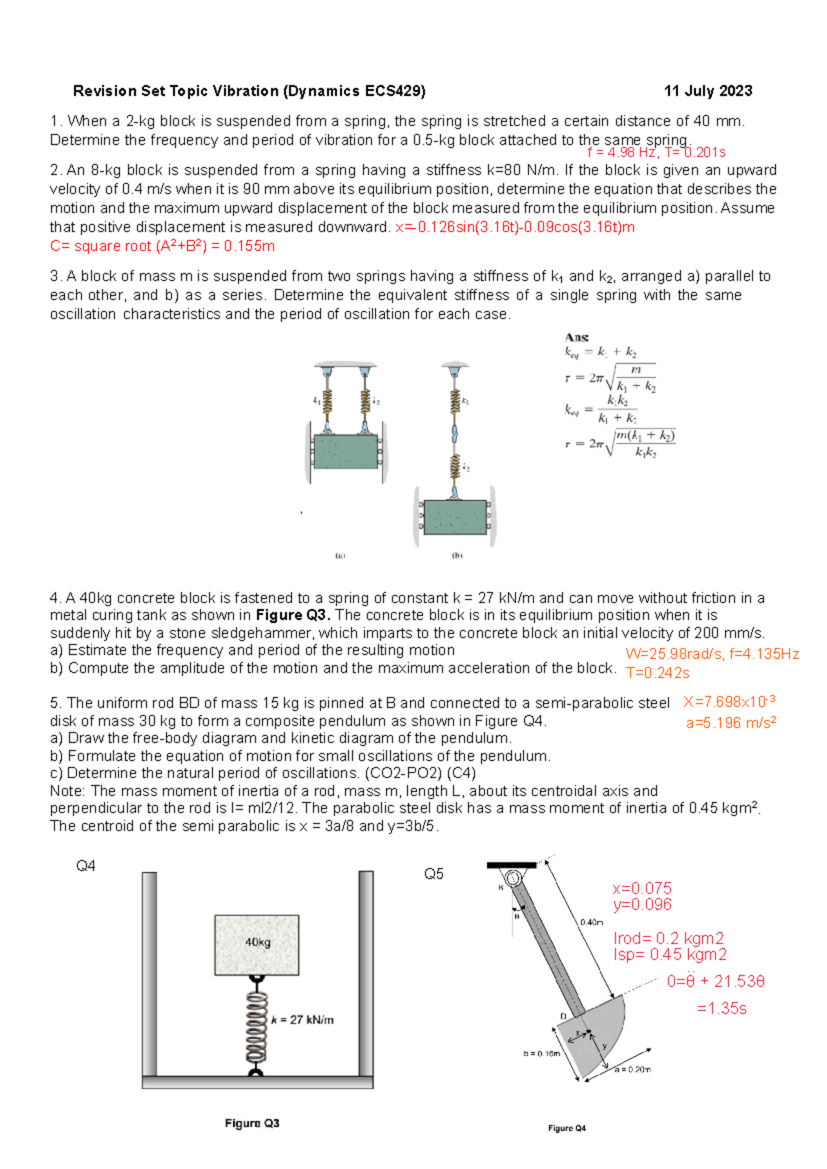Revision Kit Dynamics Vibration question answer - Revision Set Topic Vibration (Dynamics ECS429 ...
