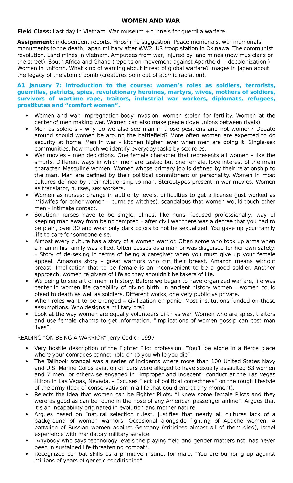 Women And War Class Notes - WOMEN AND WAR Field Class: Last day in ...