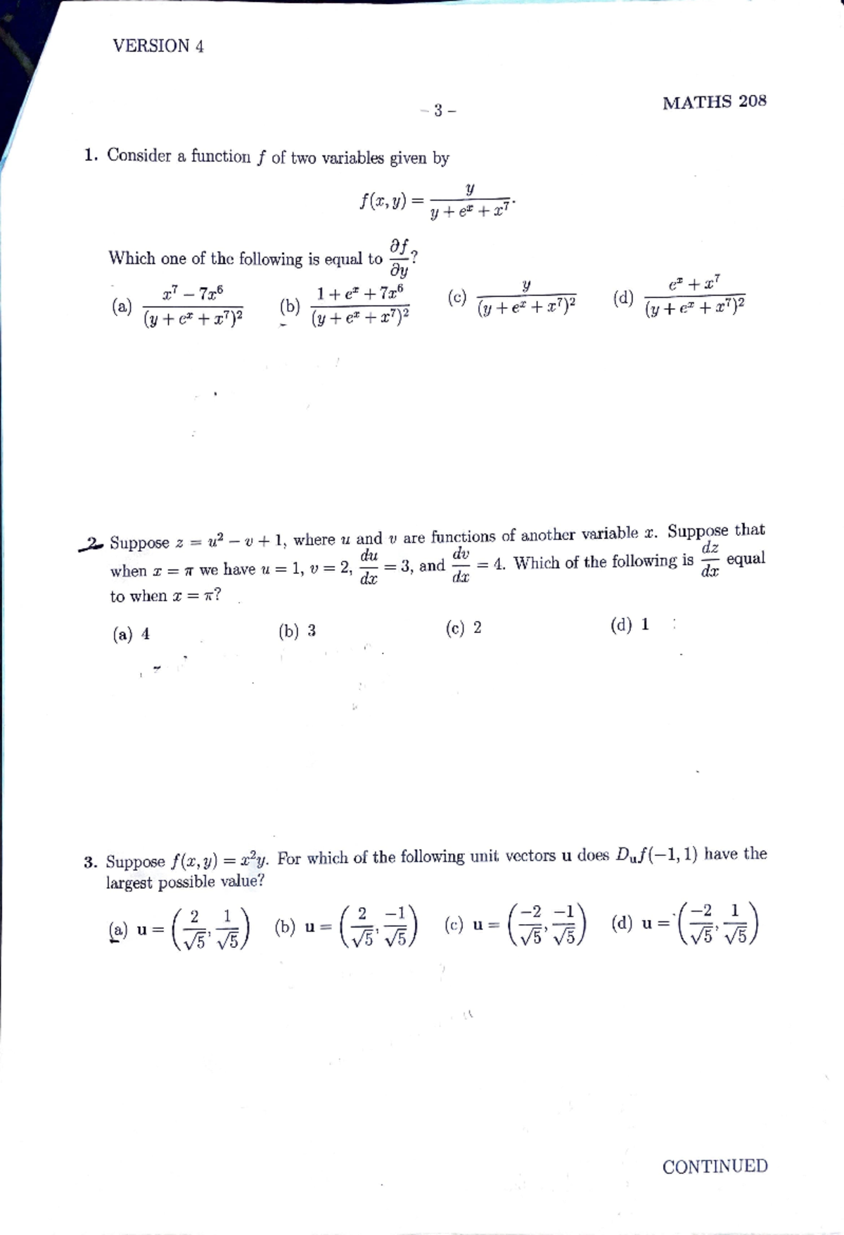 Maths 208 mid semester sample -3- MATHS 208 Consider a function f of two variables given by f(x ...