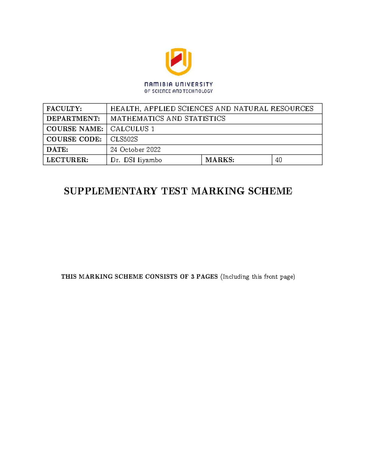Supplementary Test Memo - FACULTY: HEALTH, APPLIED SCIENCES AND NATURAL ...