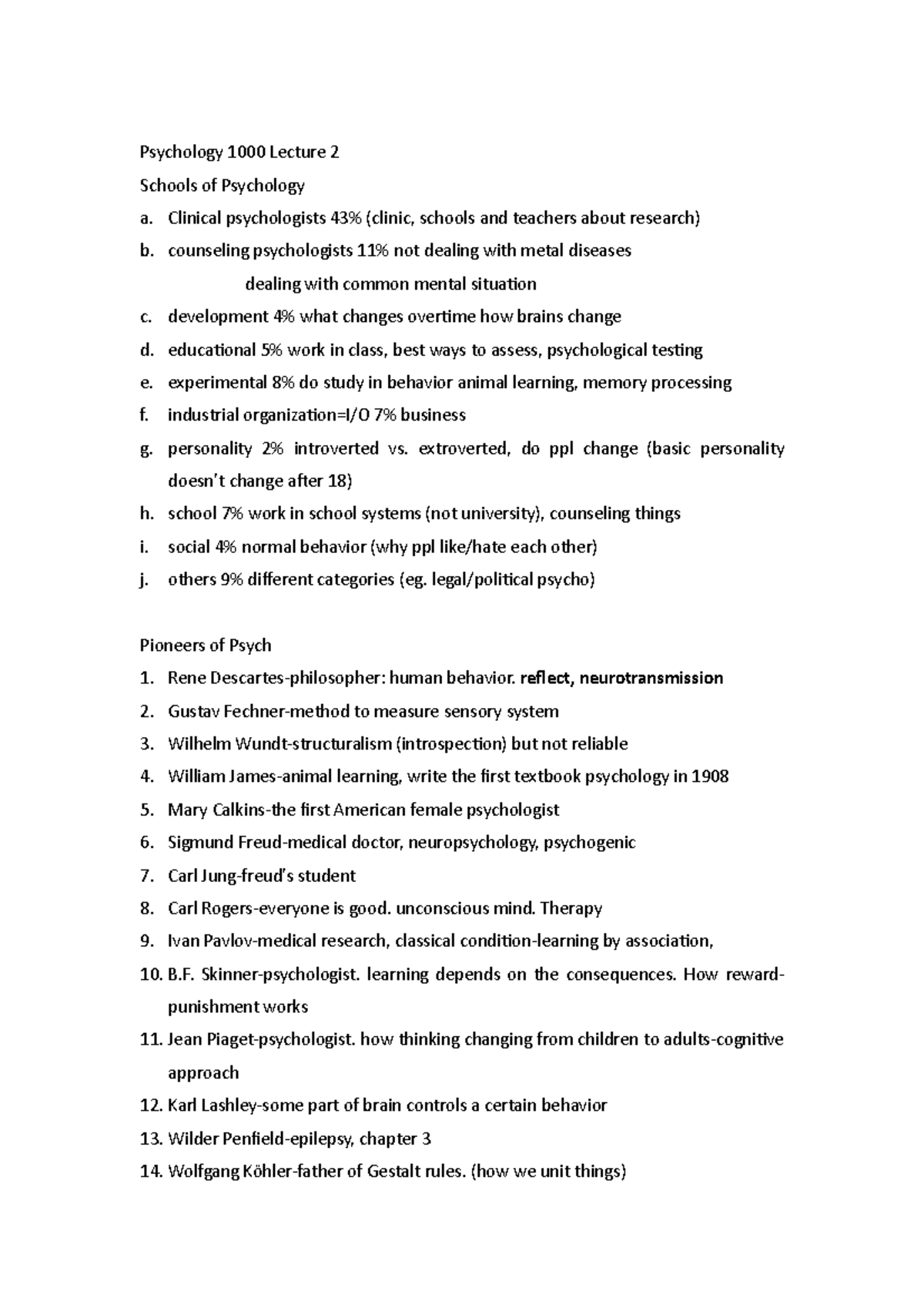 Psychology Chapter 2 Lecture notes 2 - Psychology 1000 Lecture 2 ...