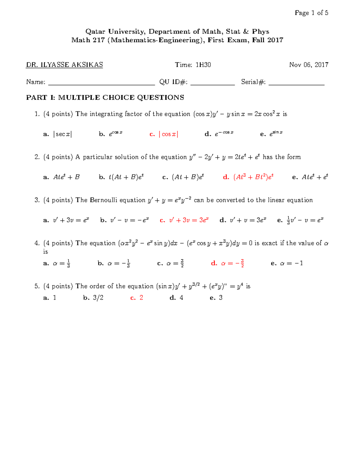 Exam1 - Fall 2017 Sol - Mathematics for Engineering [MATH217] : Exam ...
