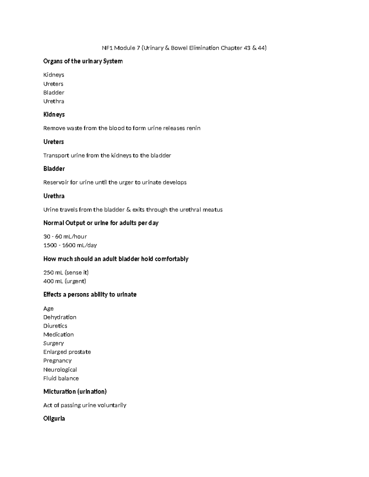 NF1 Module 7 - Learning Objectives - NF1 Module 7 (Urinary & Bowel ...
