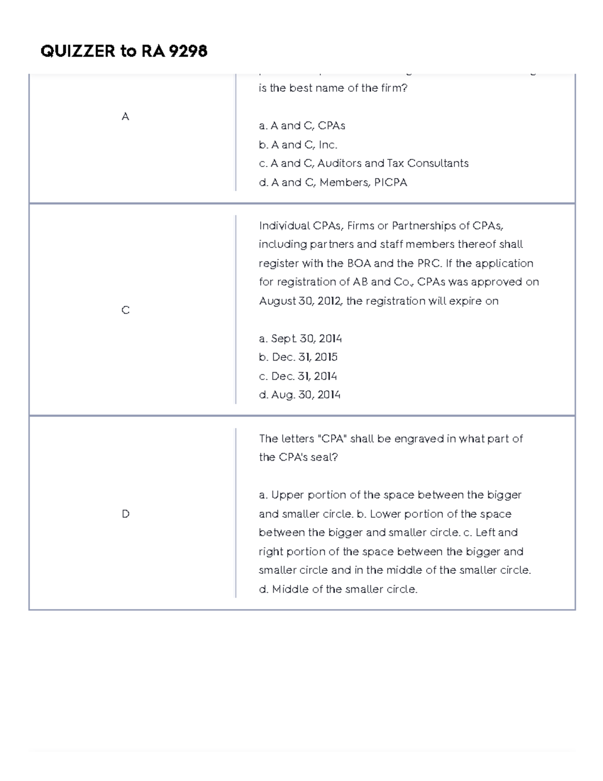 Quizzer to RA 9298 Flashcards - A A and C, CPAs, organized a ...