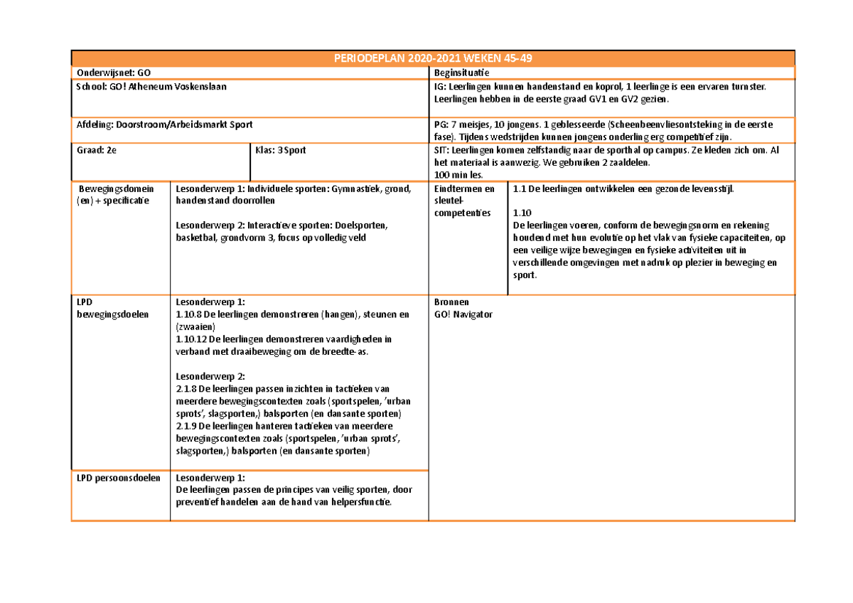 Periodeplanning - PERIODEPLAN 2020-2021 WEKEN 45- Onderwijsnet: GO Beginsituatie School: GO ...