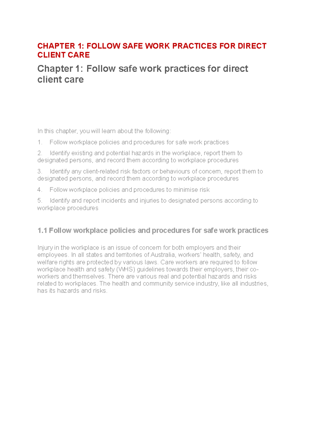 Chapter 1 - Work Health related - CHAPTER 1: FOLLOW SAFE WORK PRACTICES ...