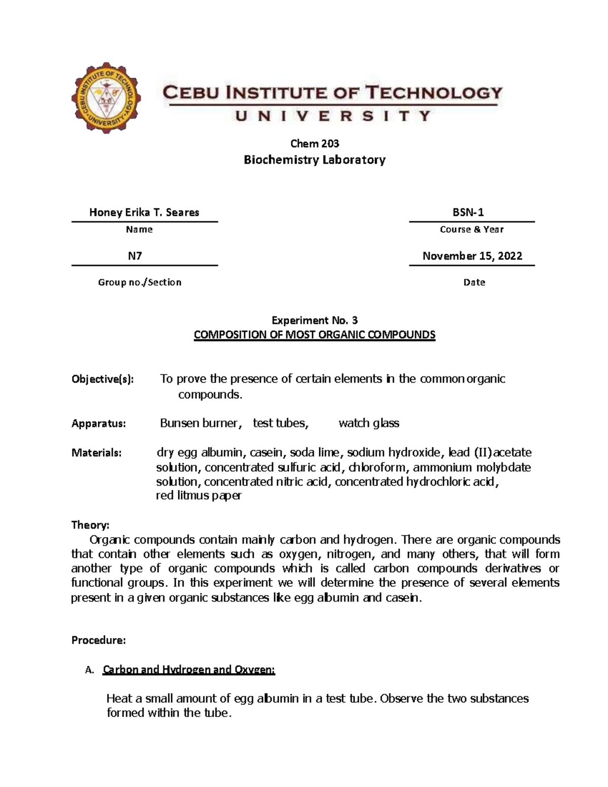 203 Experiment 3 - BioChem - Chem 203 Biochemistry Laboratory Honey ...