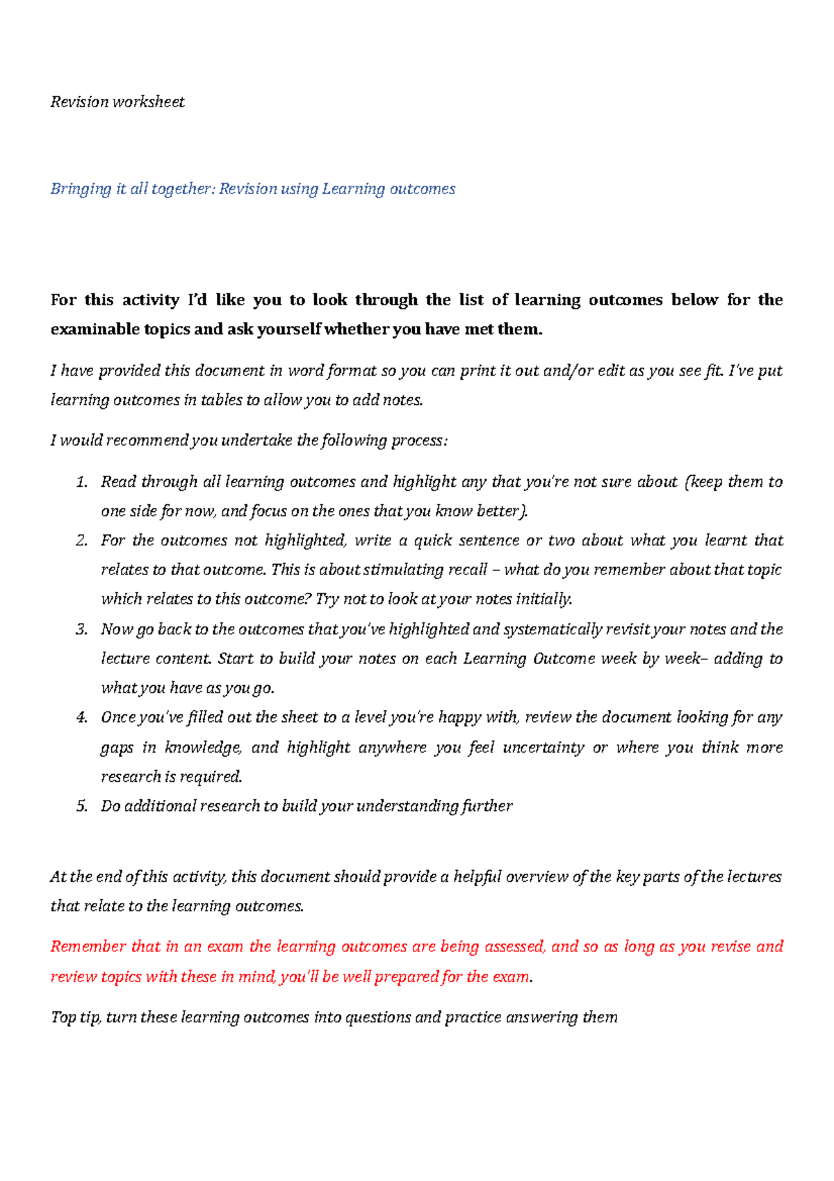 Revision worksheet for mid semester - Understanding Organisations ...