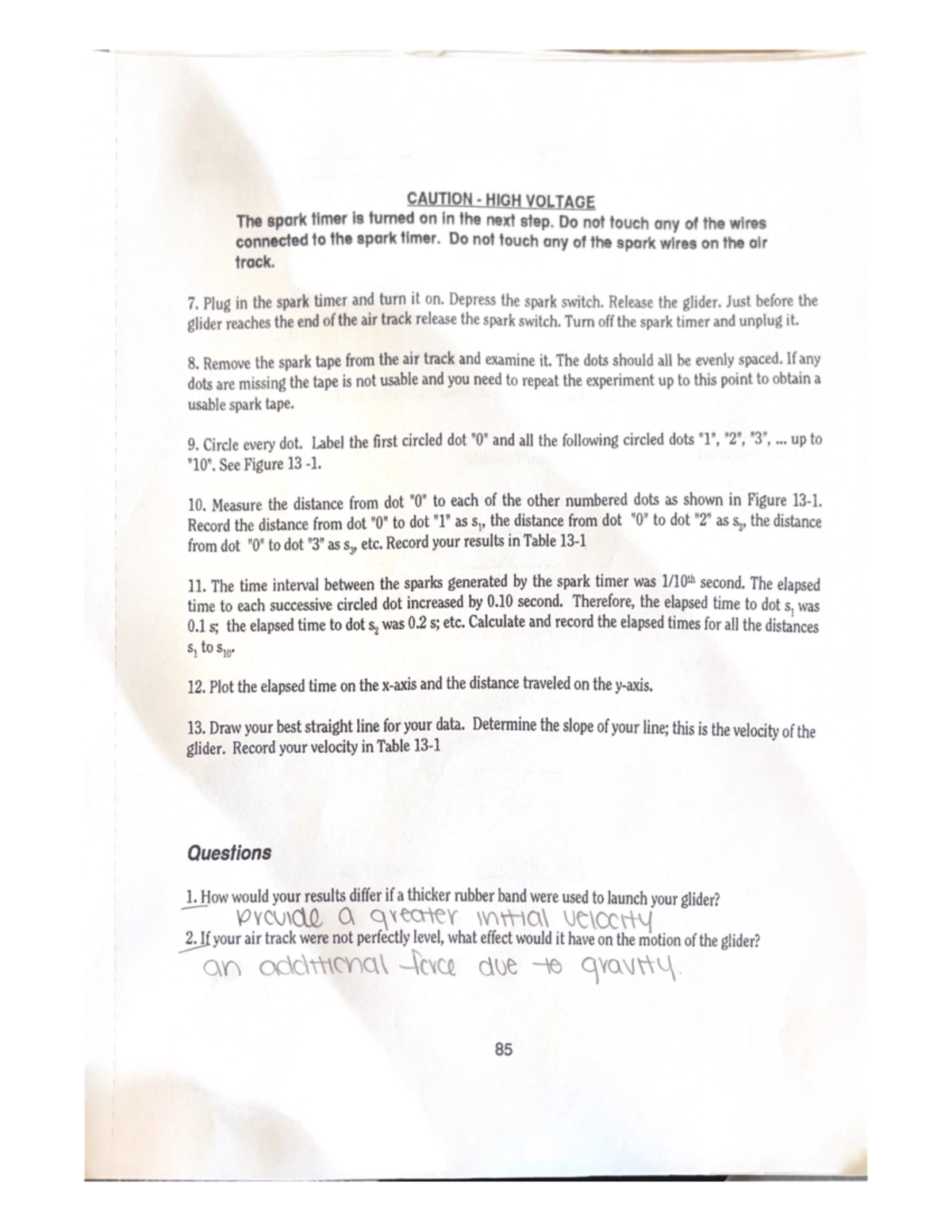 Experiment 13 - Lab Report - CAUTION HIGH VOLTAGE The spark timer is ...