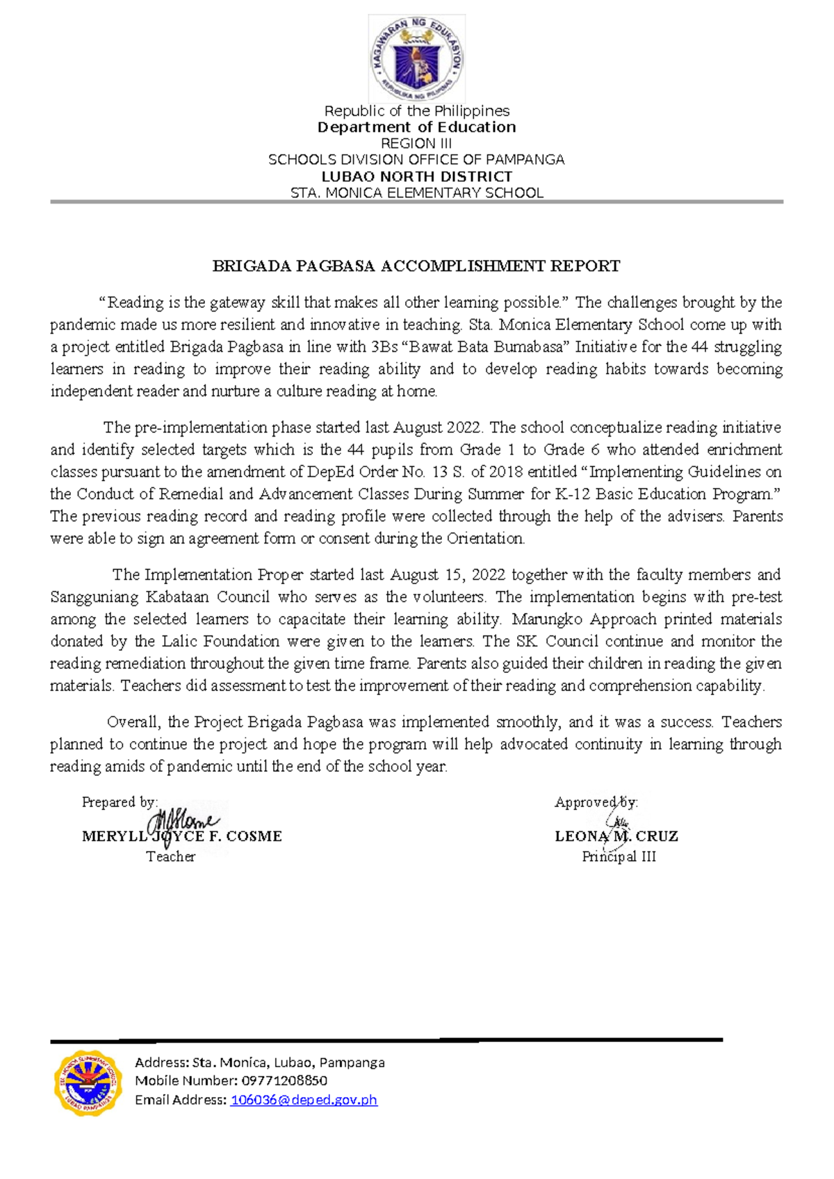 Accomplishment Report Brigada Pagbasa - Address: Sta. Monica, Lubao ...