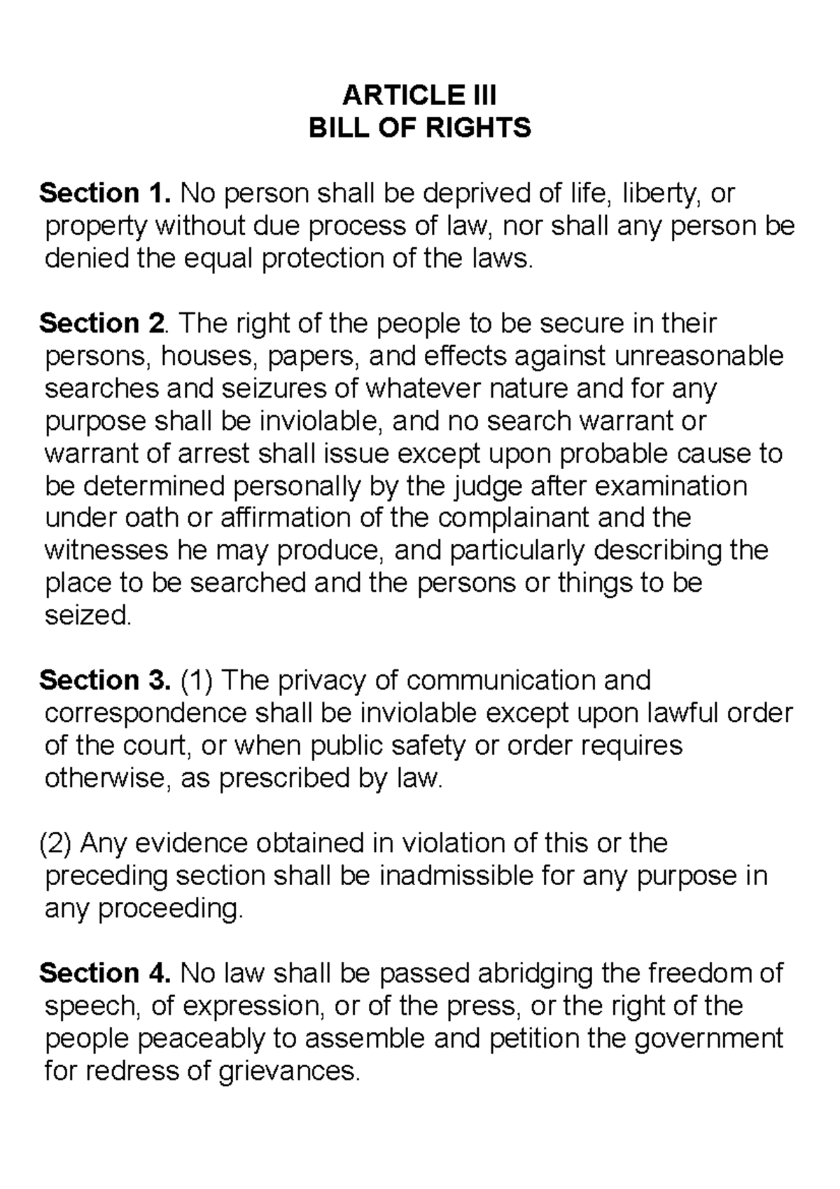 BILL OF Rights - Lecture notes 1 - ARTICLE III BILL OF RIGHTS Section 1 ...
