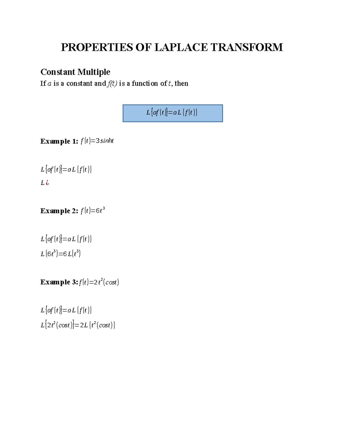 Ad Math-PIT-Finals - N/A - PROPERTIES OF LAPLACE TRANSFORM Constant ...