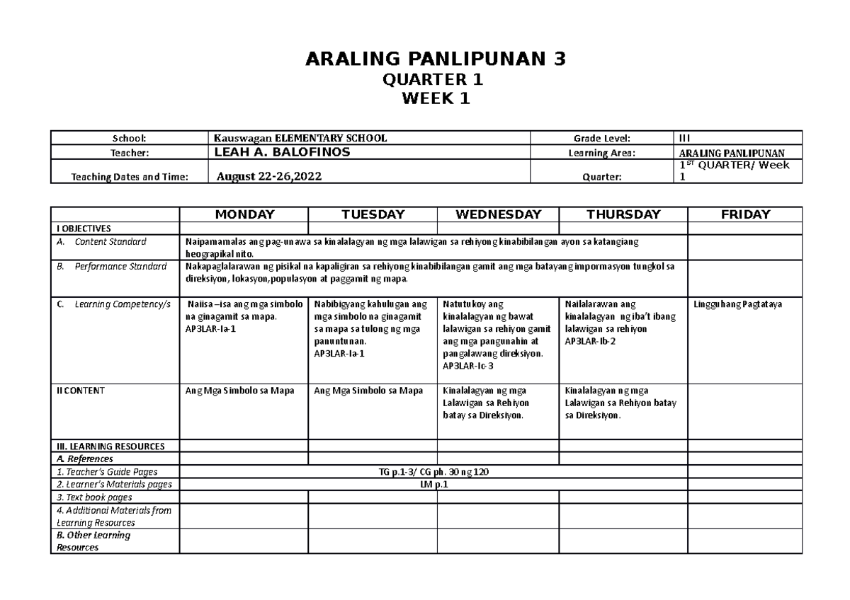 DLL Araling Panlipunan 3 Q1 W1 - ARALING PANLIPUNAN 3 QUARTER 1 WEEK 1 School: Kauswagan ...