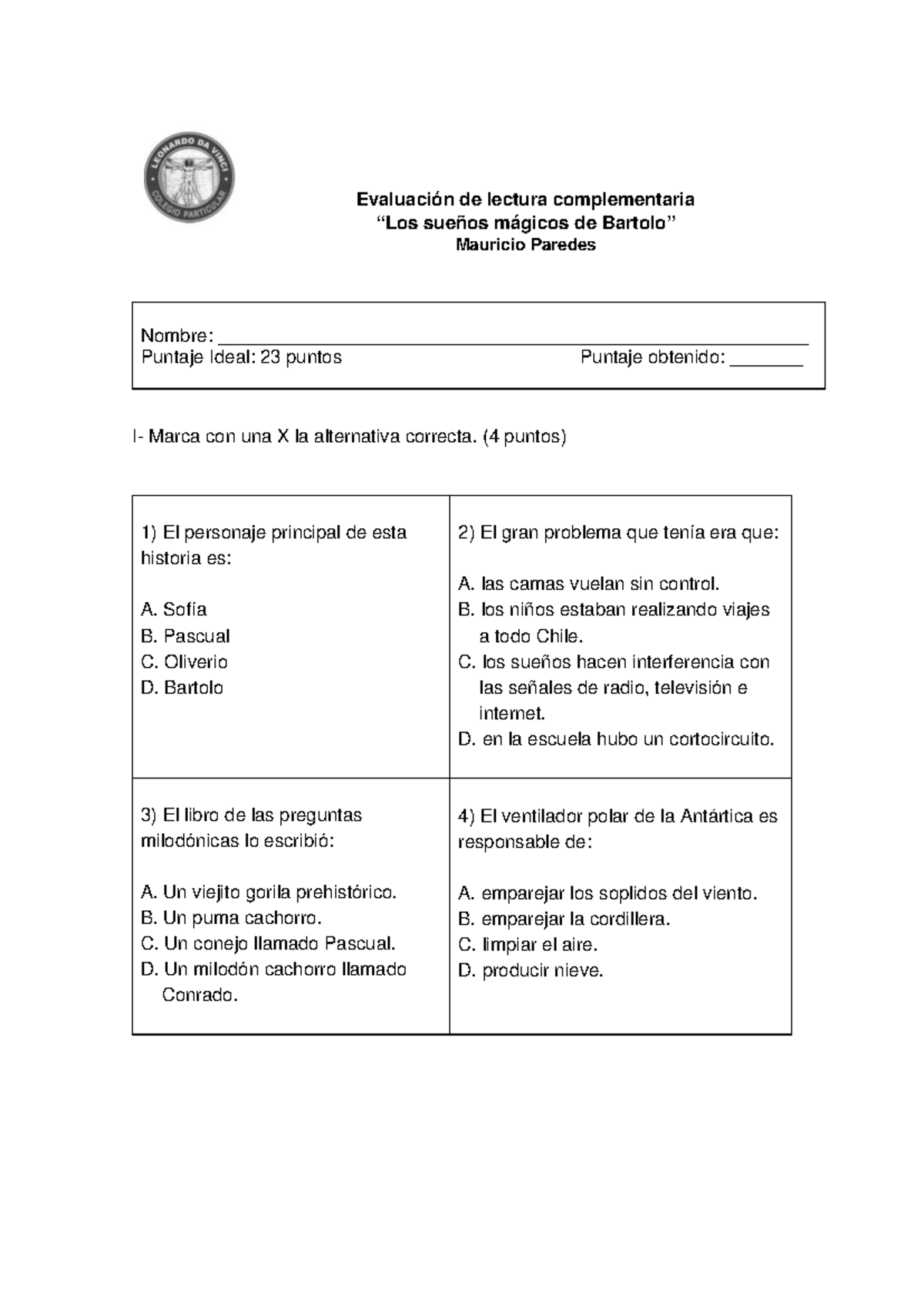 18NB3 LEN - Los sueños mágicos de Bartolo - Evaluación de lectura ...