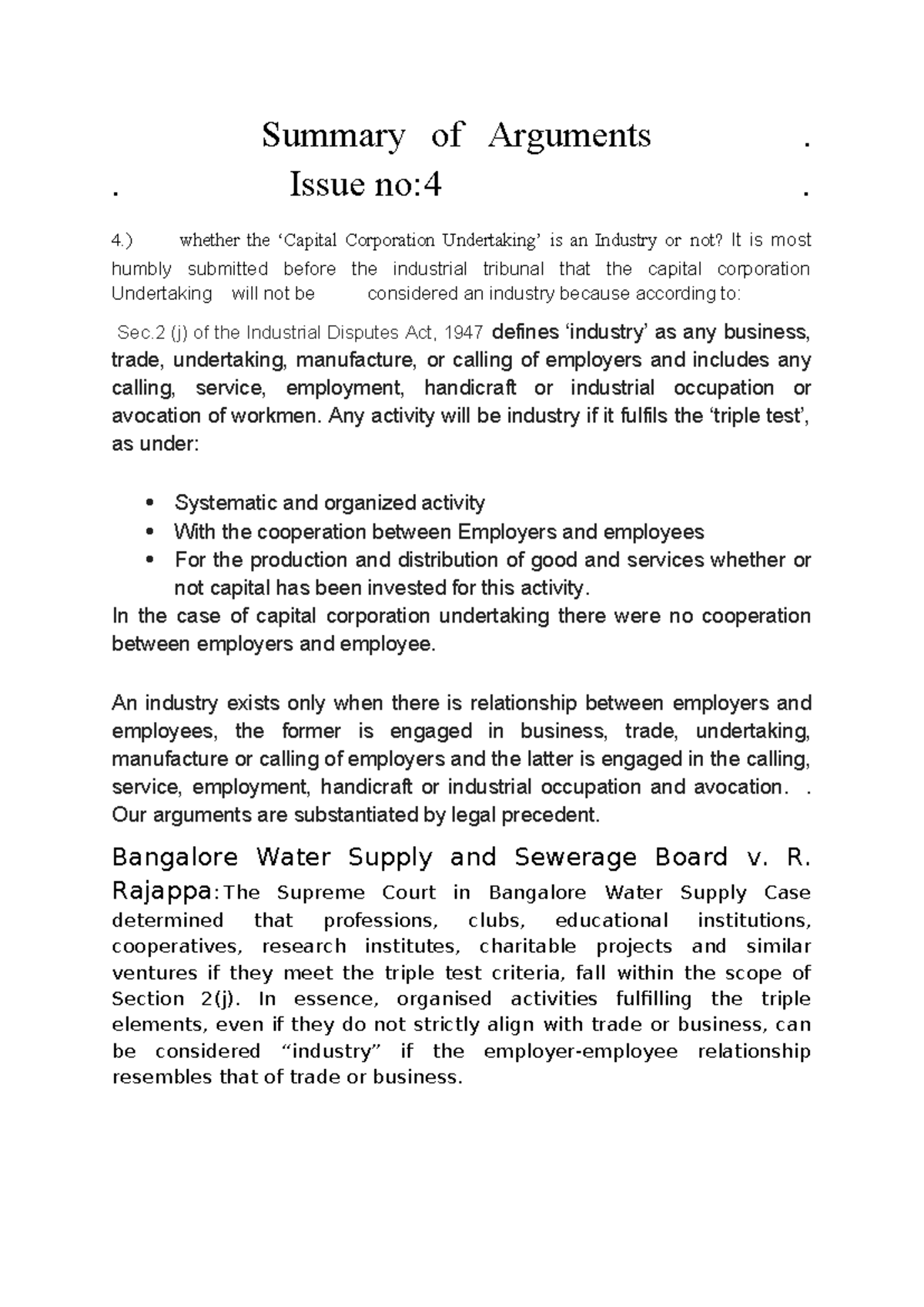 Summary of Arguments - . Issue no:. 4.) whether the ‘Capital Corporation Undertaking’ is an ...